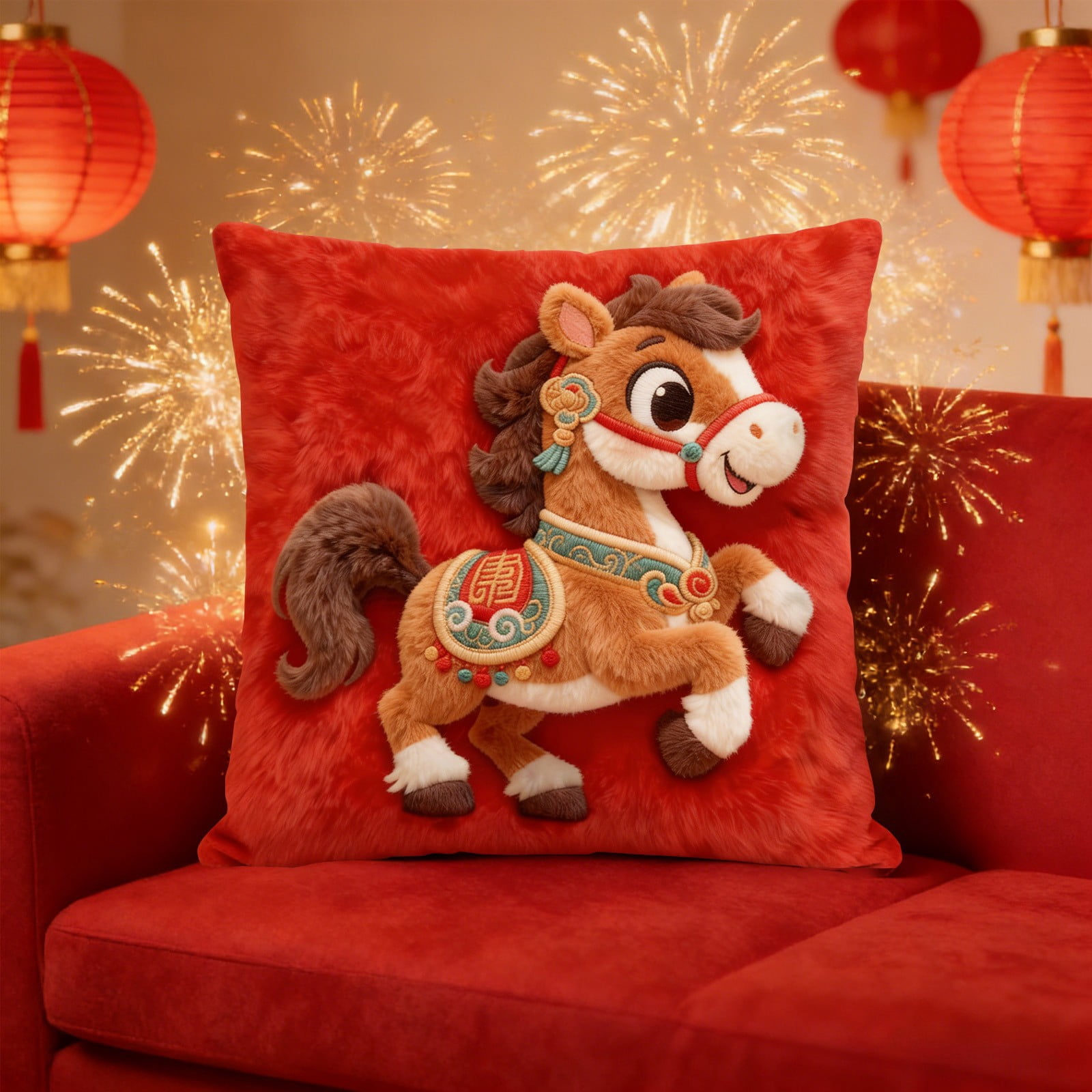 Fzsteel Horse Year Design Decorative Pillow Covers Cotton Fabric Hidden ...