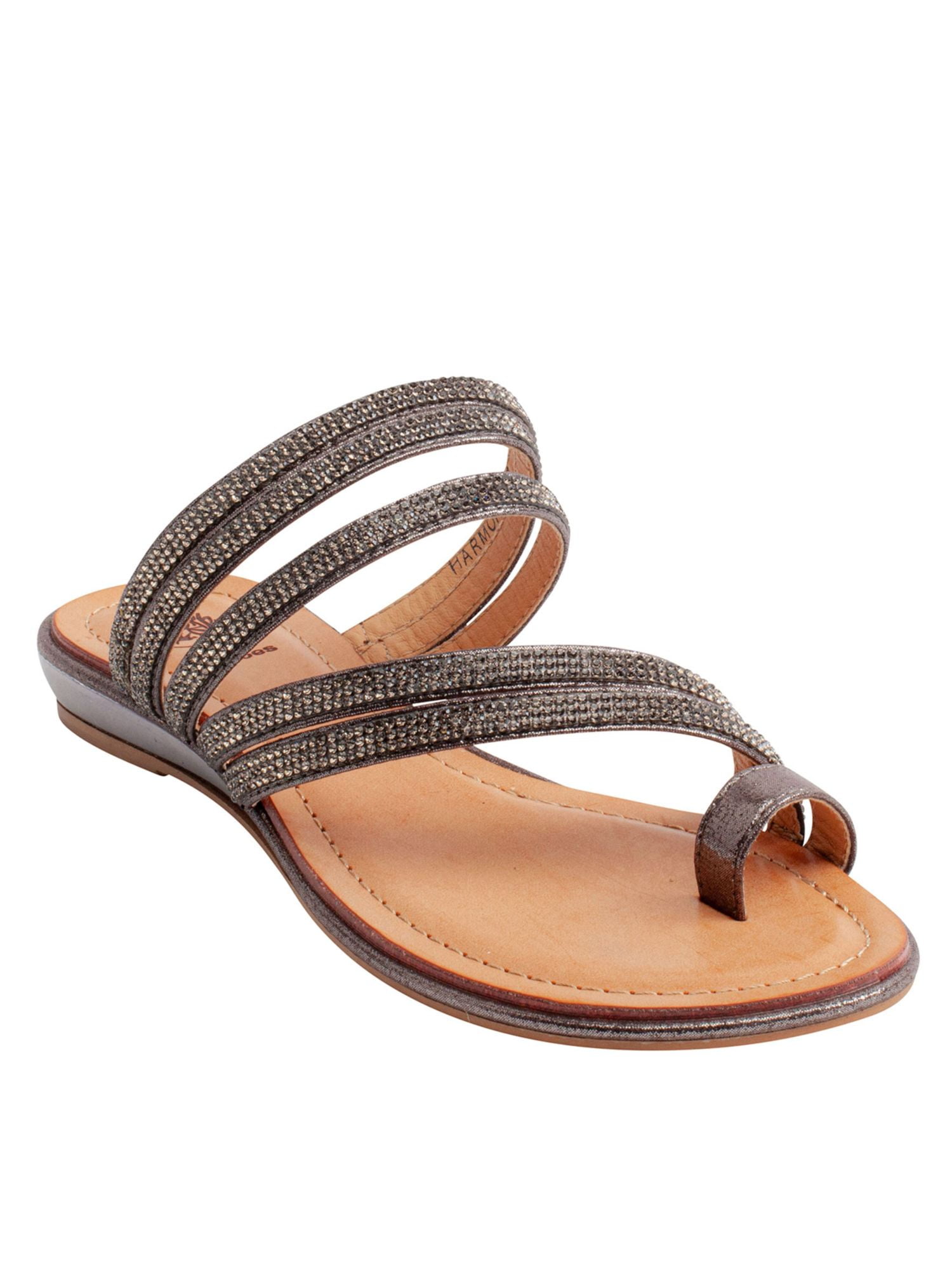 G.C. SHOES Womens Black Strappy Toe-Loop Rhinestone Padded Harmonie ...