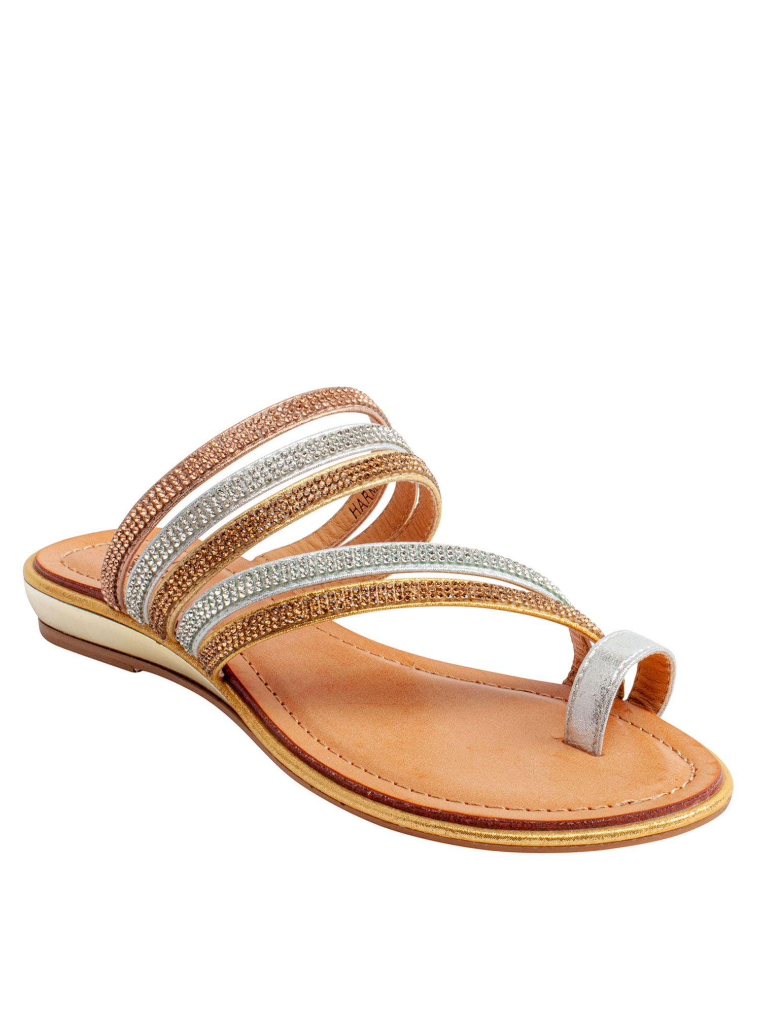 G.C. SHOES Womens Gold Strappy Toe-Loop Rhinestone Padded Harmonie ...