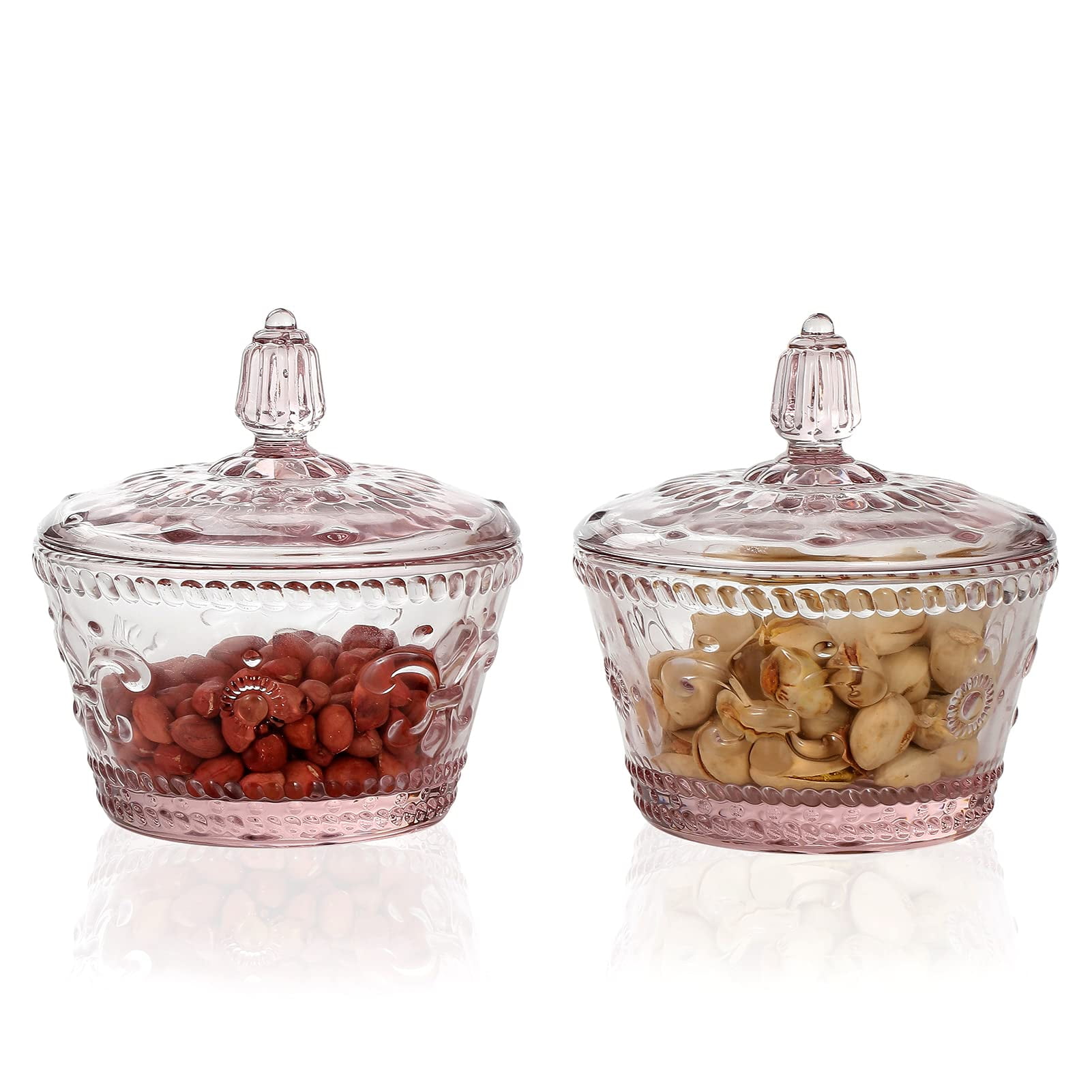 G Candy Jars with lids set of 2 Small Embossed Glass Candy Dish Bowl ...