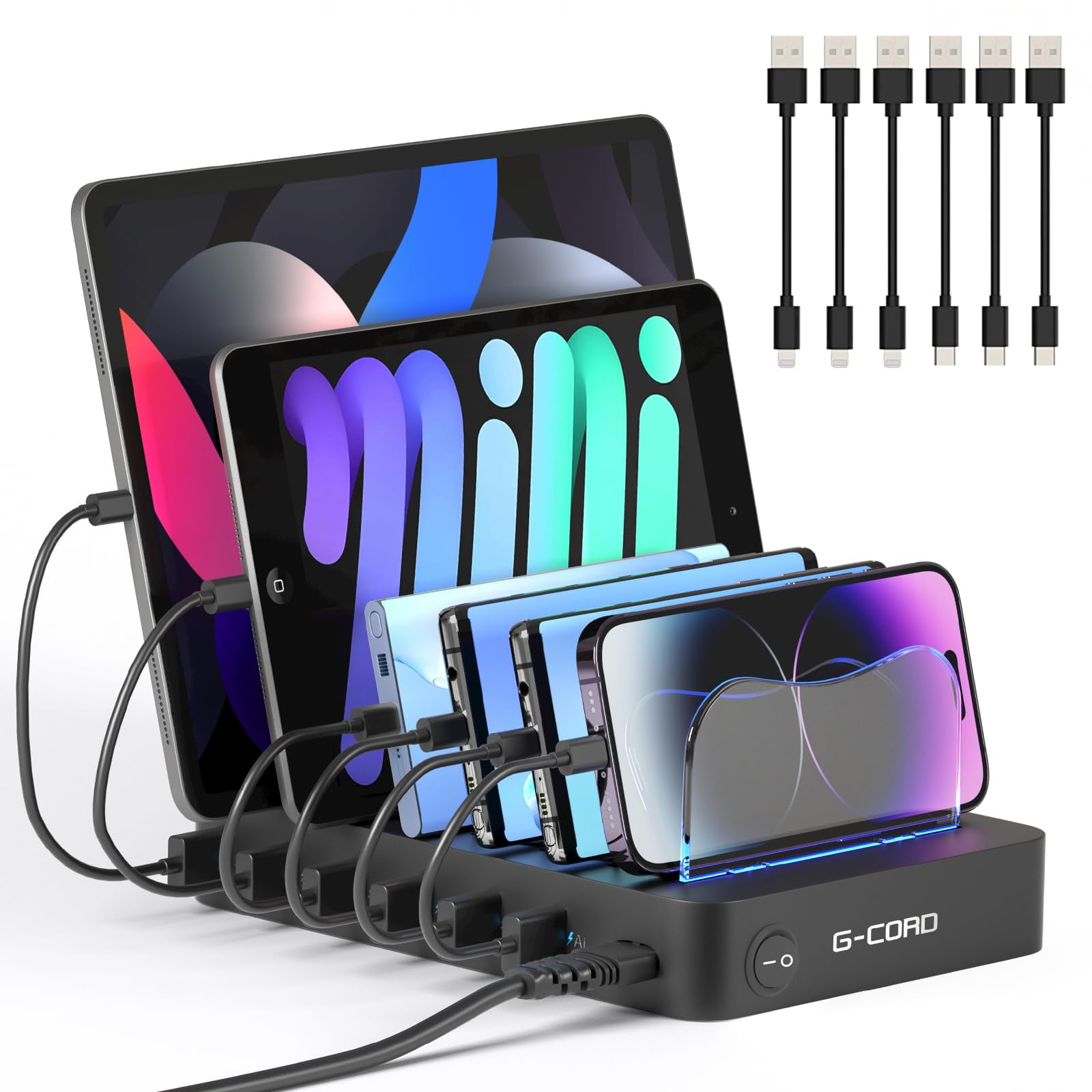 G-Cord 6 Port Multiport USB Charging Station, Detachable Desktop ...