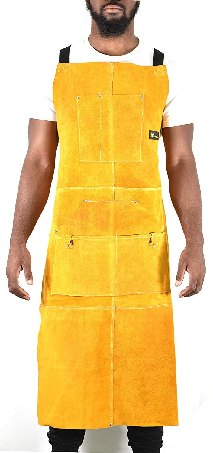 G & F Leather Welding Apron 6 Pockets, Heat & Flame-Resistant Heavy ...