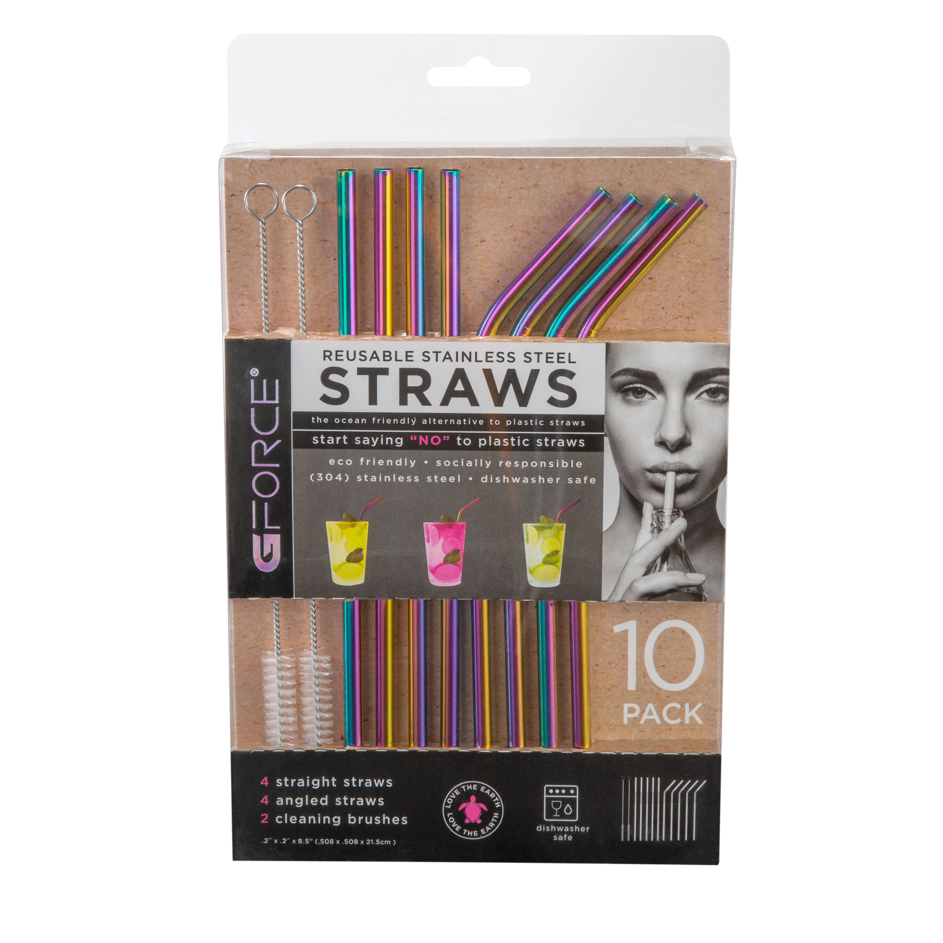 G-Force Eco-Friendly Reusable Stainless Steel Rainbow 10 Pack Straws ...