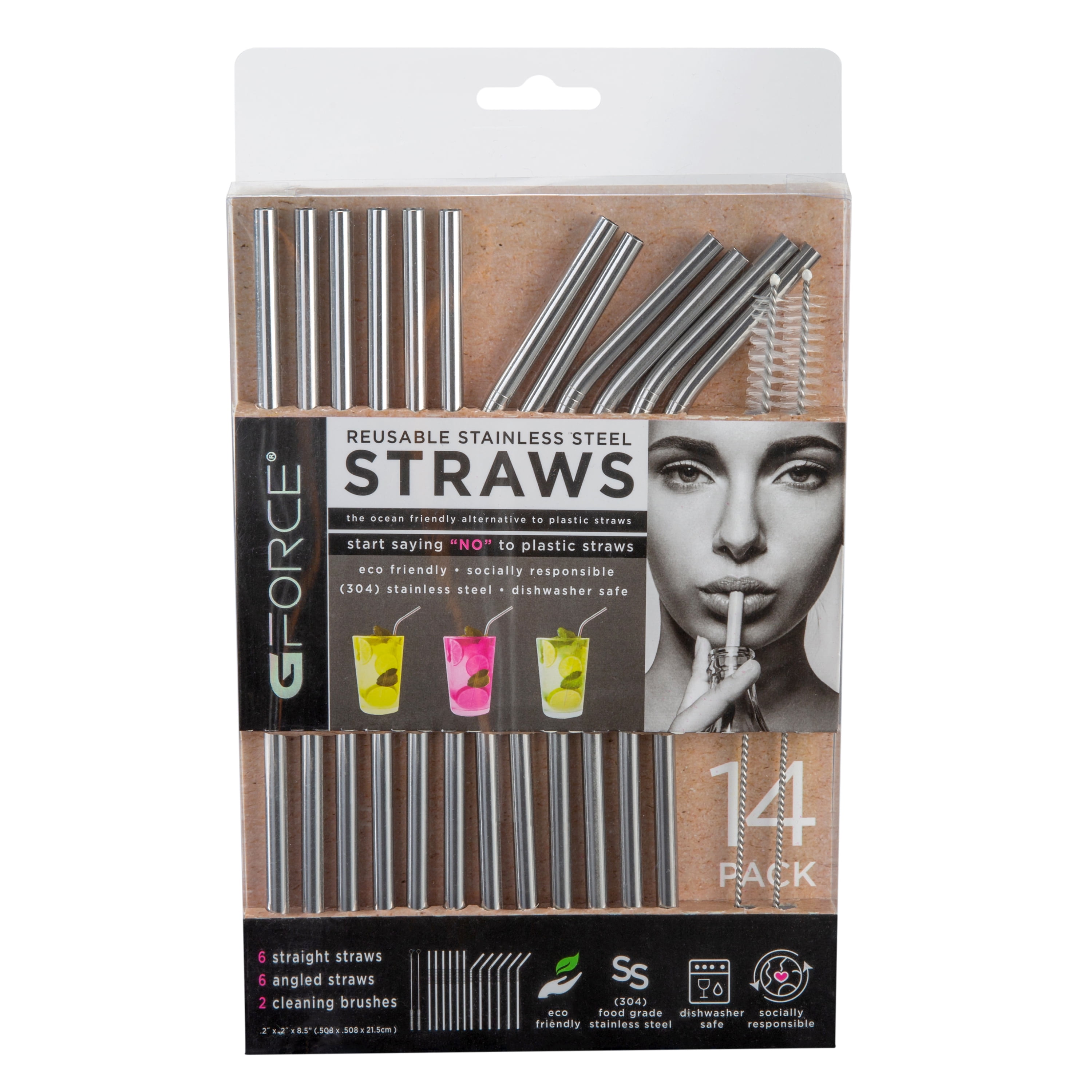 G-Force Eco-Friendly Reusable Stainless Steel Silver 14 Pack Straws ...