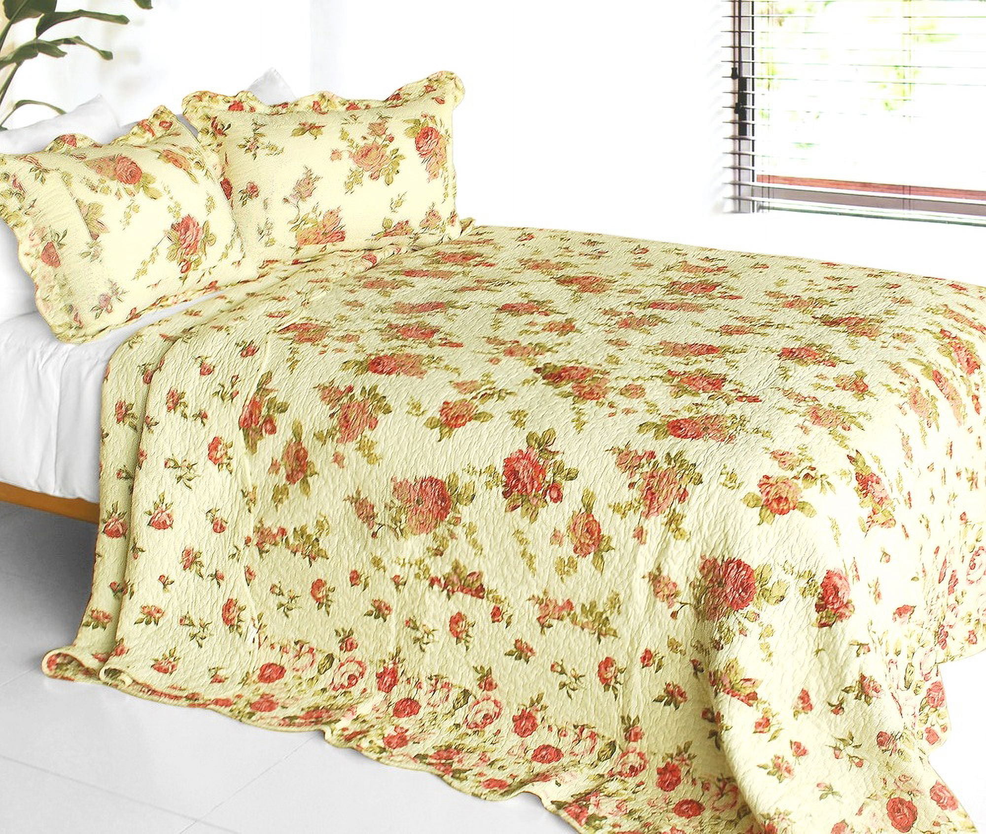 G&J Beauty of Light 3PC Soft Cotton Red Floral Quilt Set Ivory (Full ...