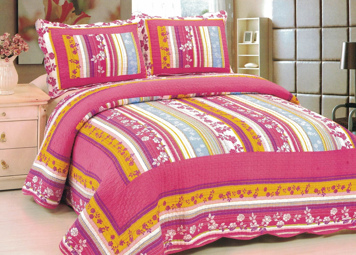 G&J Blooming Garden Cotton 3PC Hot Pink Floral Patchwork Quilt Set ...