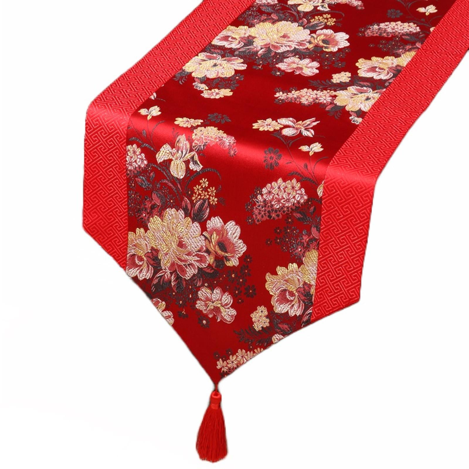 G&J Red Peony Chinese Classical Table Runner Traditional Satin ...