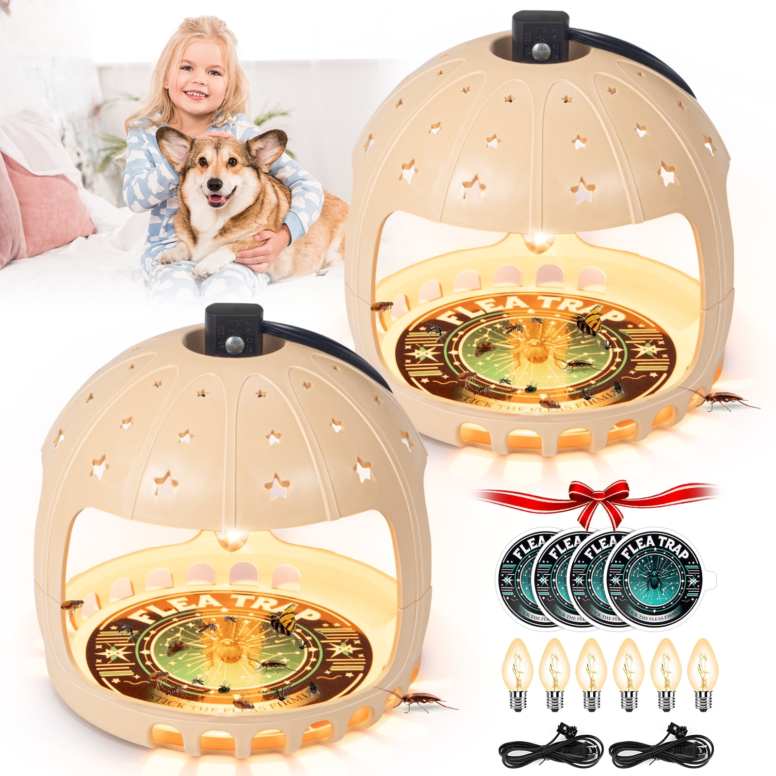 G · PEH 2 Pack Flea Traps, with 4 Sticky Disc 6 Bulbs 2 Electric Wires ...