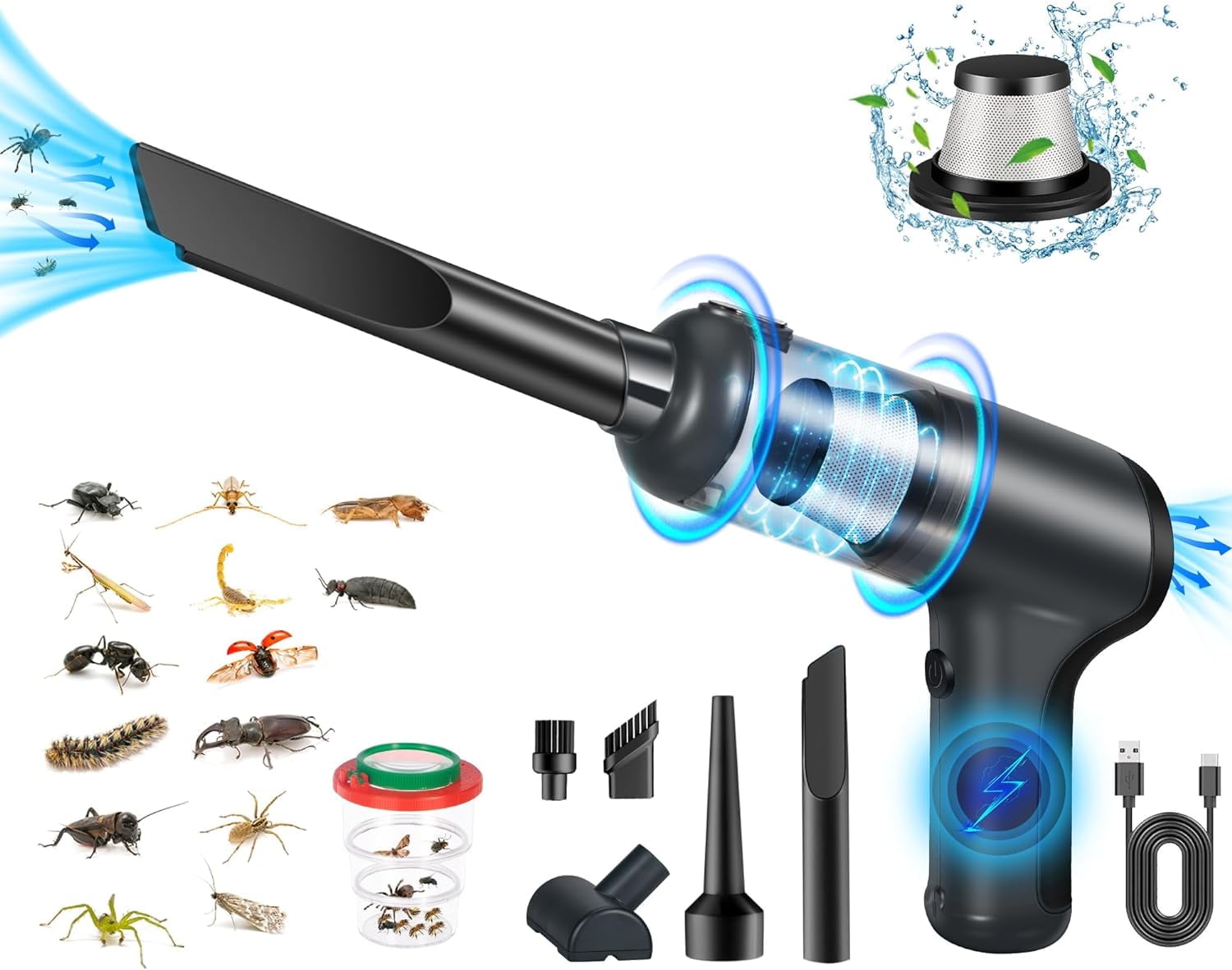 JahyShow 6 in 1 Bug Catcher, Handheld Cordless Gnat Catcher with 9000PA ...