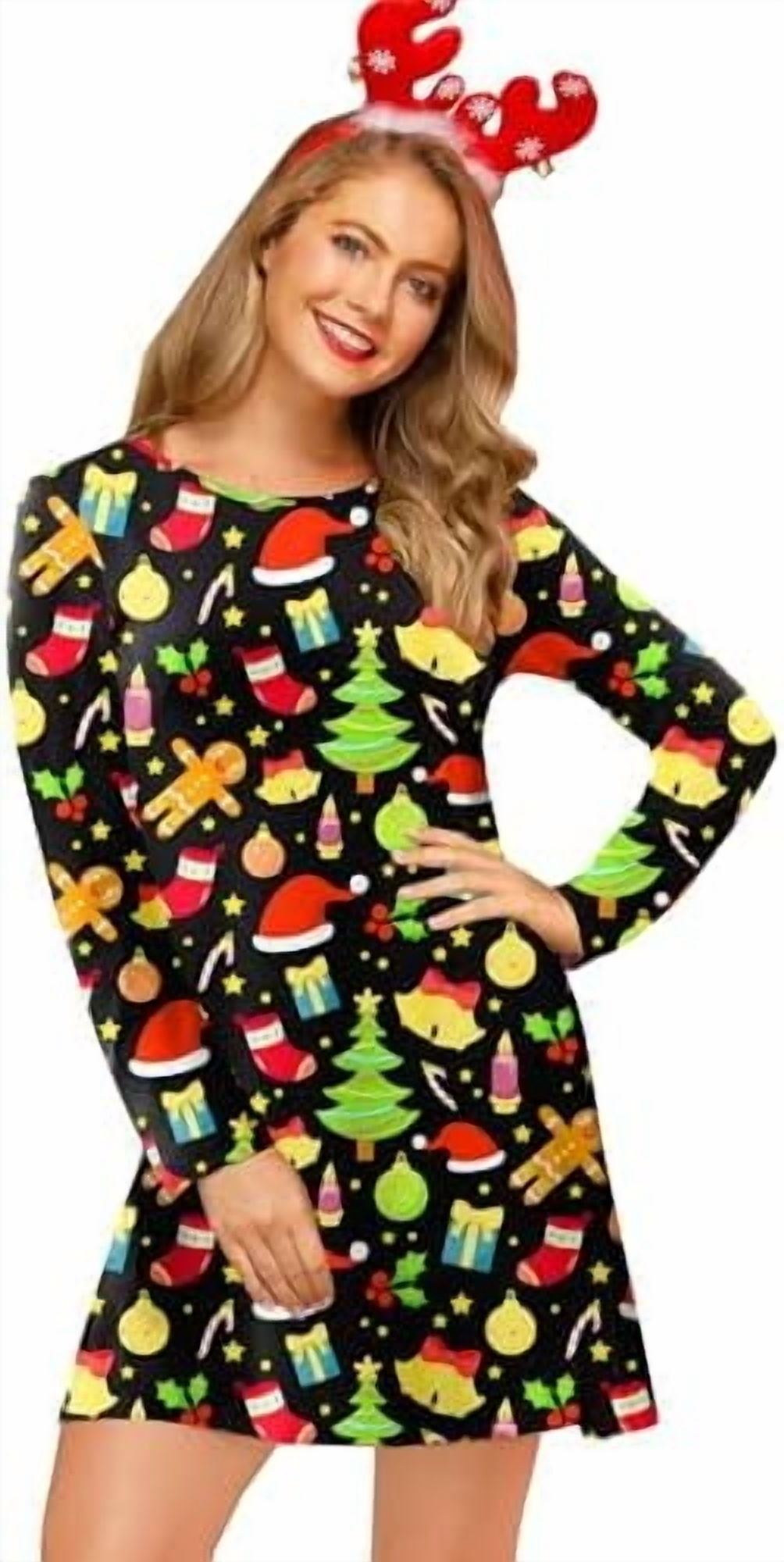 G 和 PL 女士圣诞印花束腰连衣裙长袖圆领休闲服装 - Walmart.com