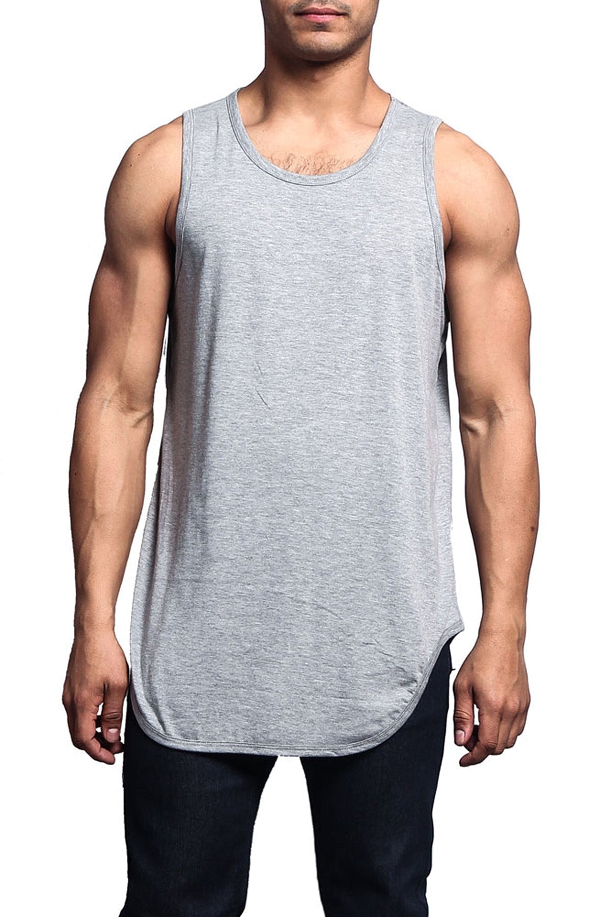 G-Style USA Solid Color Long Length Curved Hem Tank Top - Gray - Large ...