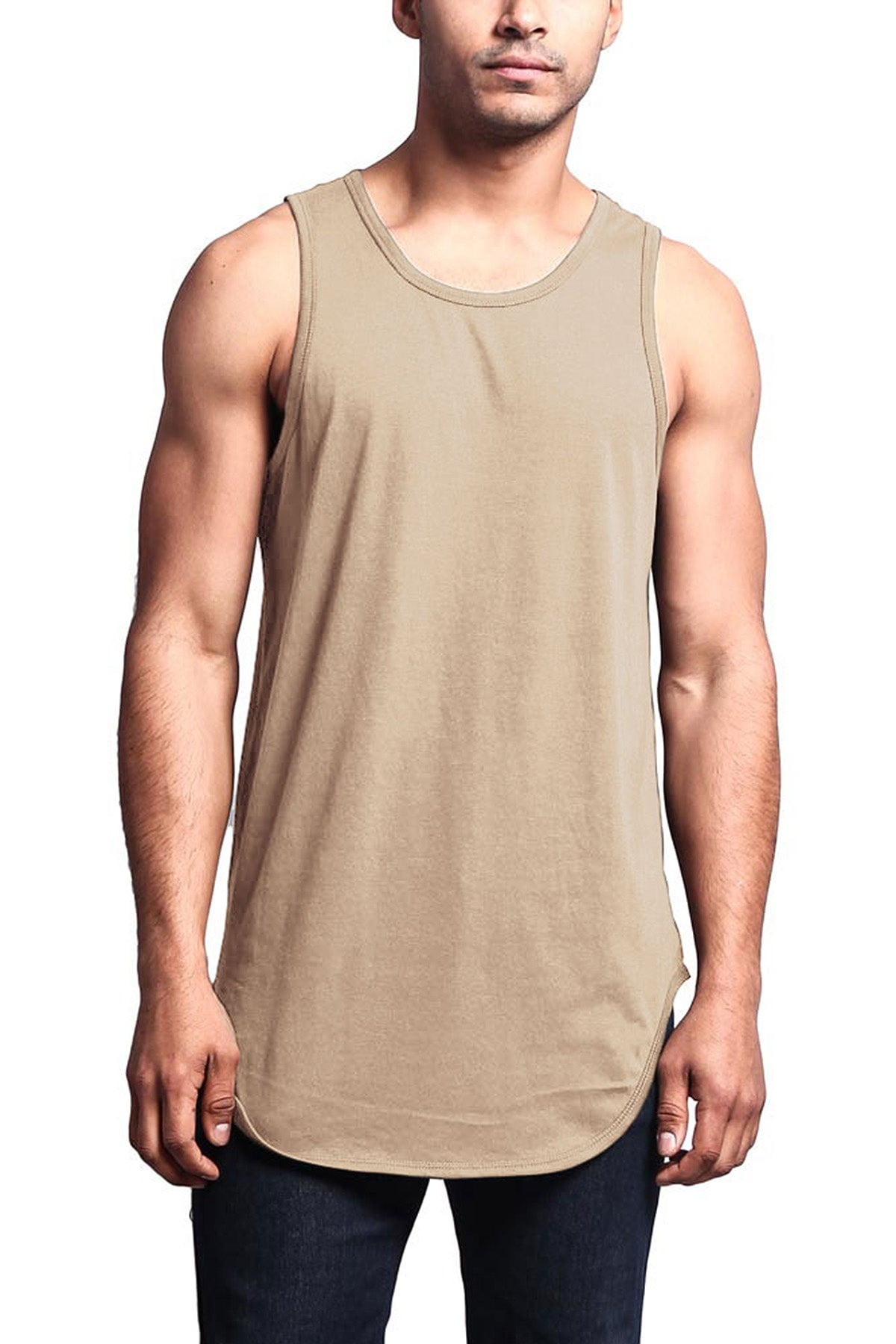 G-Style USA Solid Color Long Length Curved Hem Tank Top - Khaki - 3X ...
