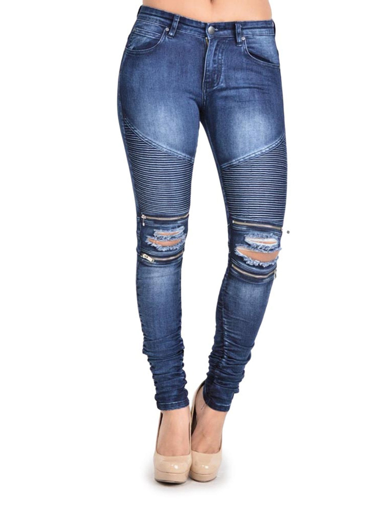 G-Style USA Women's Biker Style Zip Ripped Rider Jeans - RJL462 - Blue ...