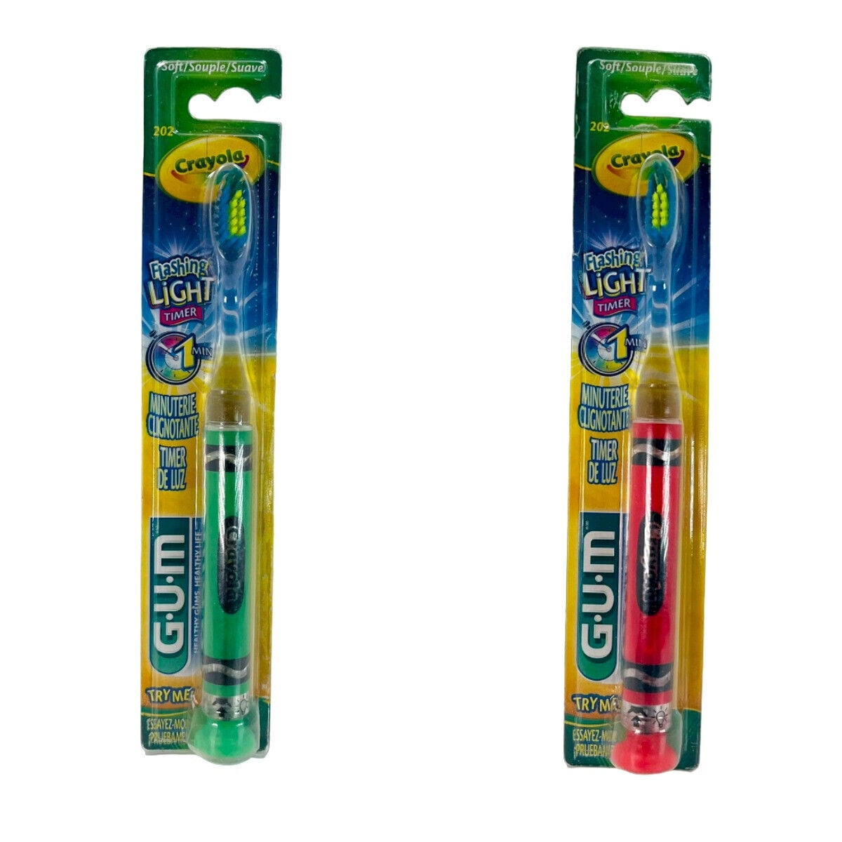G.U.M Crayola Timer Light Toothbrush Soft Bristle, LOT OF 2 Red Green ...