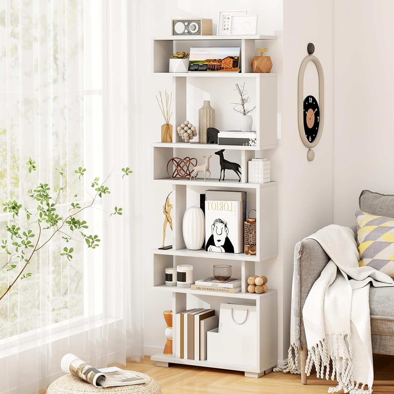 G&X 6-Tier S Shaped Bookcase, 64" Tall Modern Geometric Bookshelf with ...