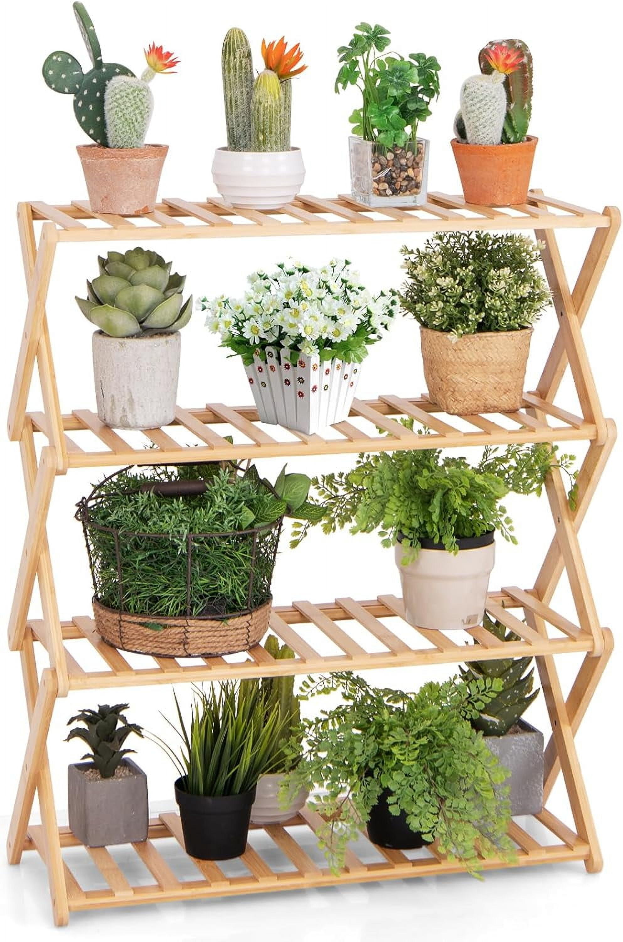 G&X Bamboo Plant Stand Indoor, 4-Tier Folding Planter Shelf, Foldable ...