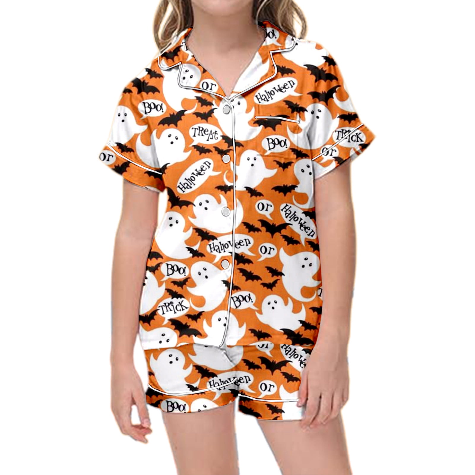 G`irls Halloween Pajama Set Cartoon Floral Print Short Sleeve Button ...