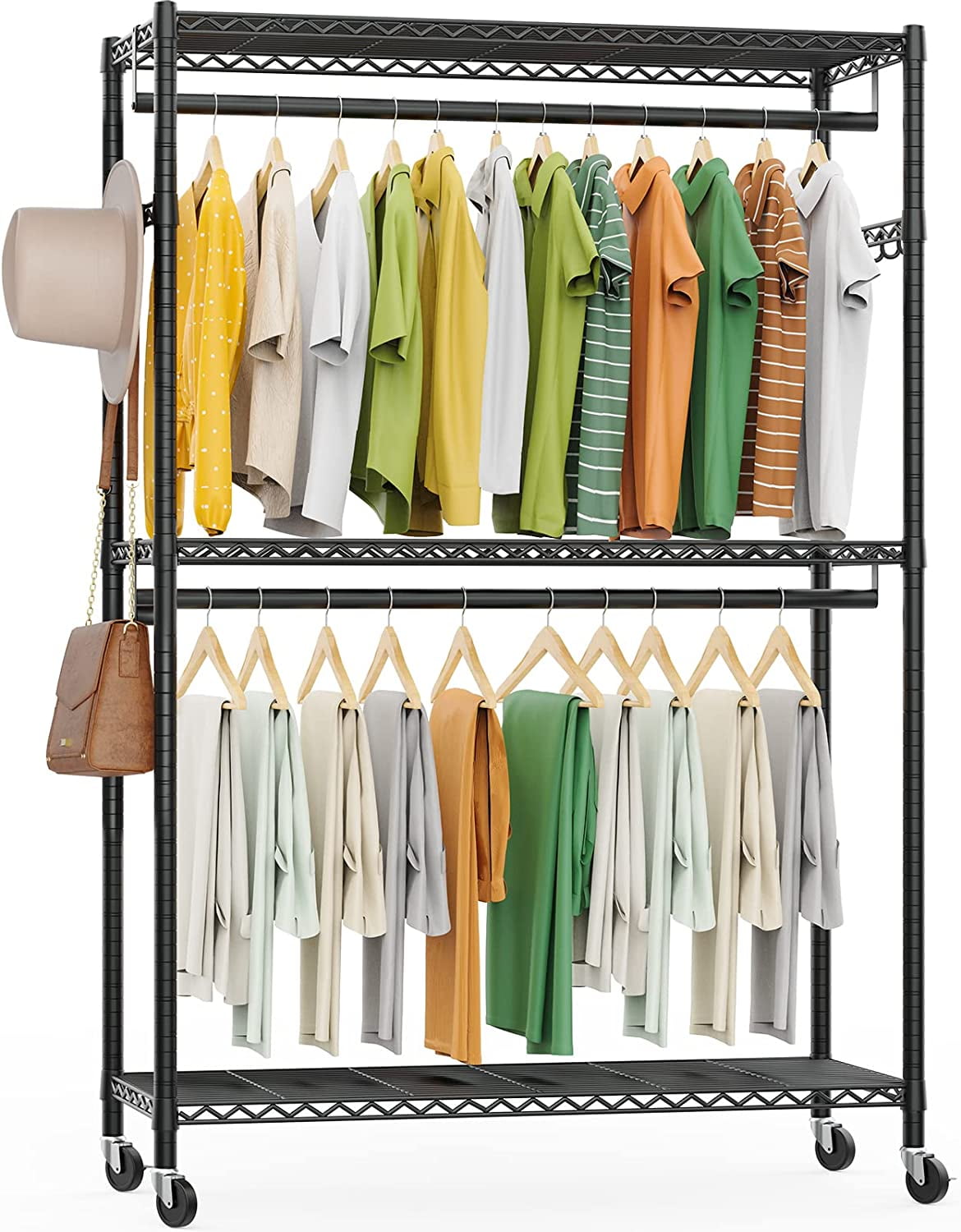 G1 3 Tiers Garment Rack with Storage Shelves, Heavy Duty Rolling Free ...
