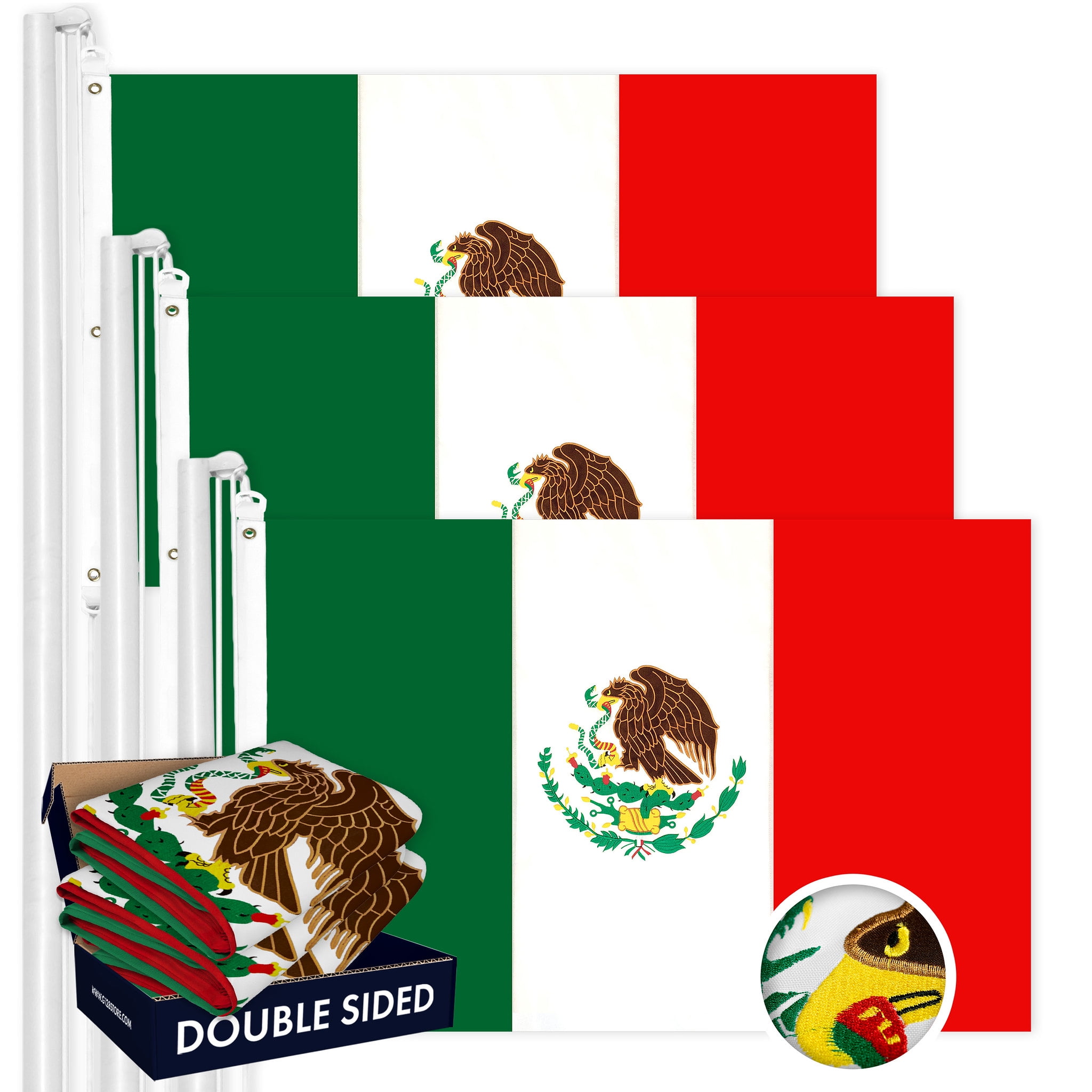 G128 3 Pack: Mexico Mexican Flag | 6x10 Ft | Double ToughWeave Series Double Sided Embroidered ...