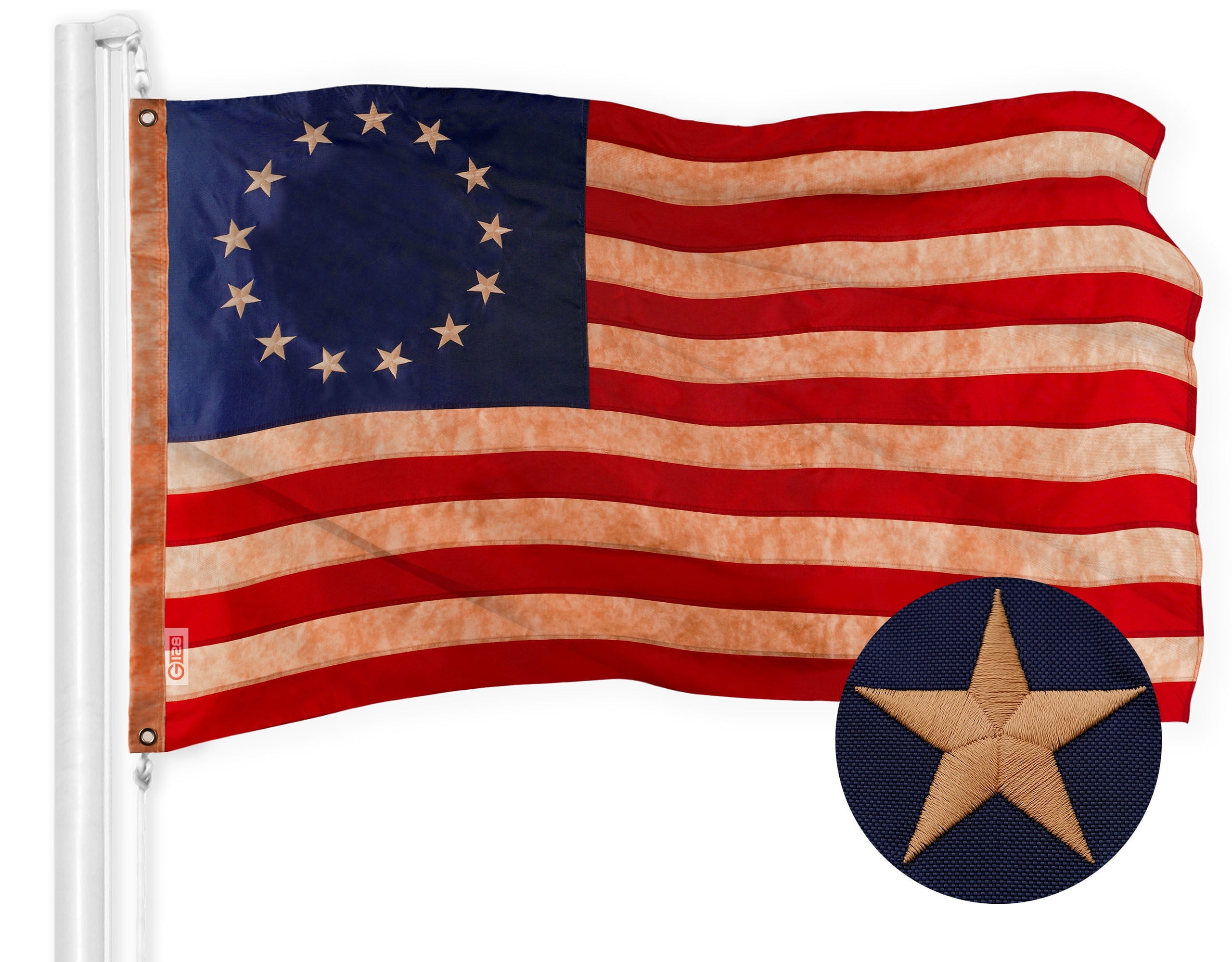 G128 Betsy Ross Tea-Stained Flag, 3x5 ft, Embroidered Polyester, Brass ...