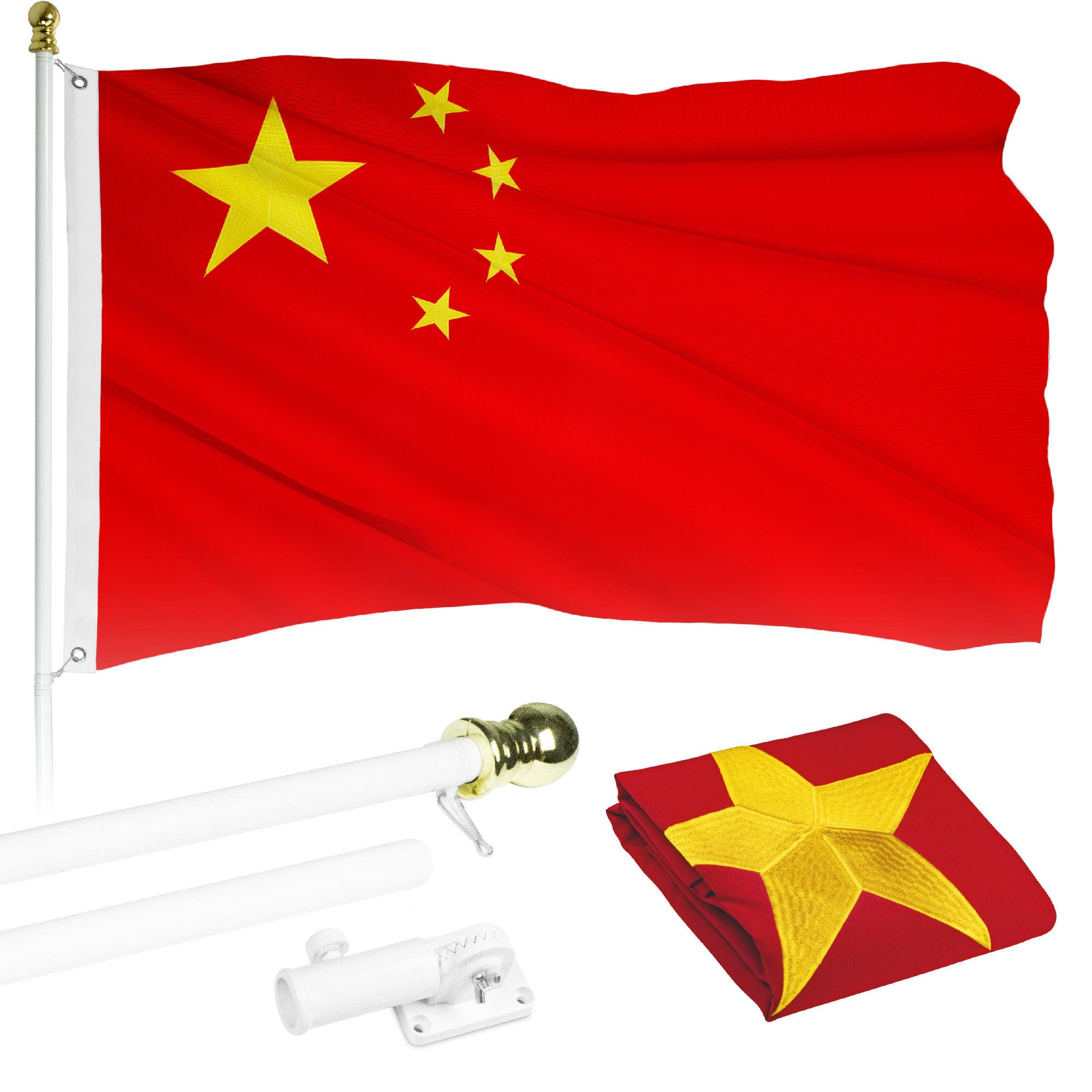 G128 - 6 Feet Tangle Free Spinning Flagpole (White) China Flag Brass ...