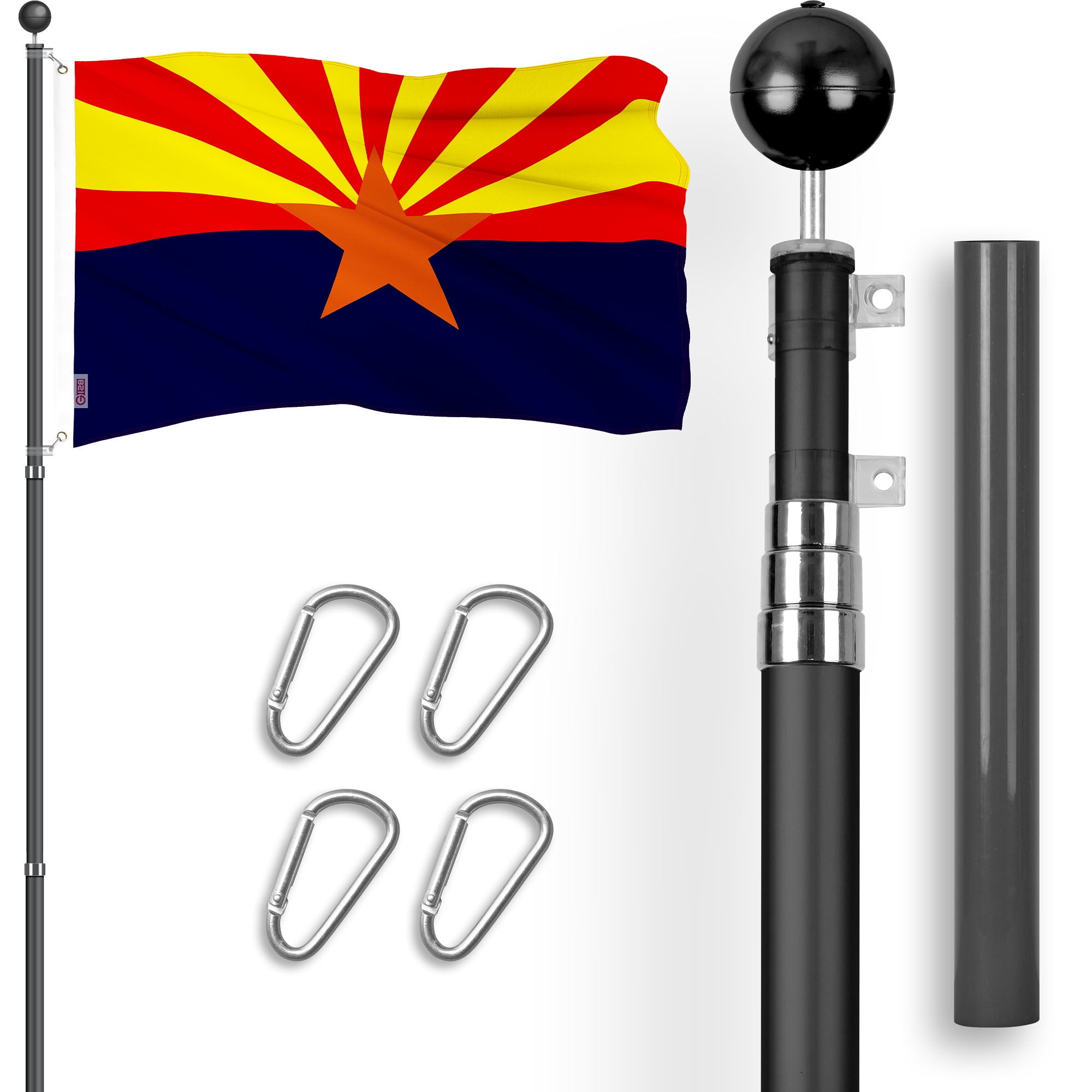 G128 Combo Pack: 16 Ft Telescoping Aluminum Flagpole (Black) & Arizona ...
