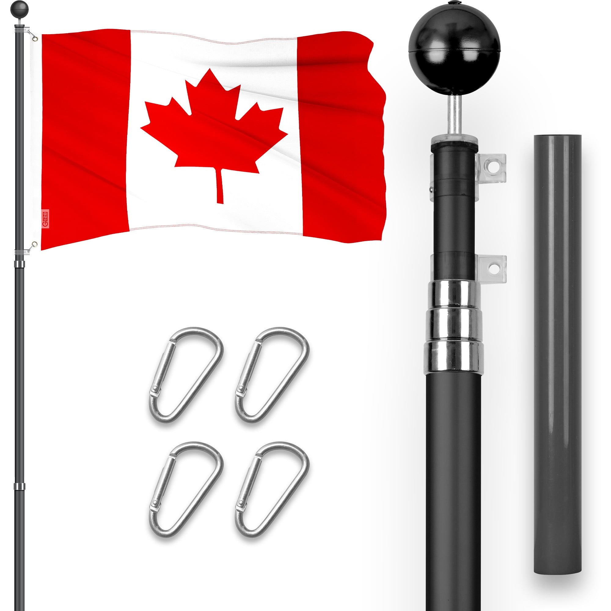G128 Combo Pack: 16 Ft Telescoping Aluminum Flagpole (Black) & Canada ...