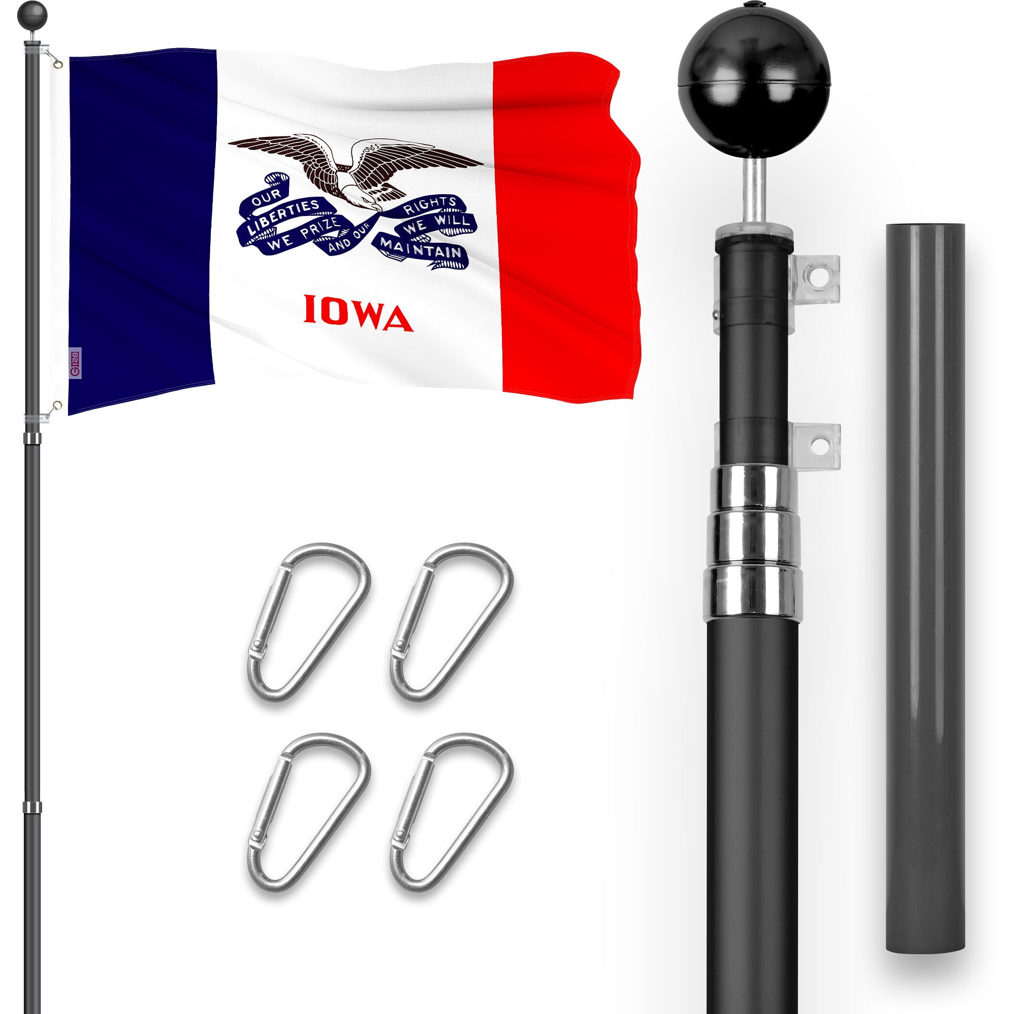 G128 Combo Pack: 16 Ft Telescoping Aluminum Flagpole (Black) & Iowa IA ...