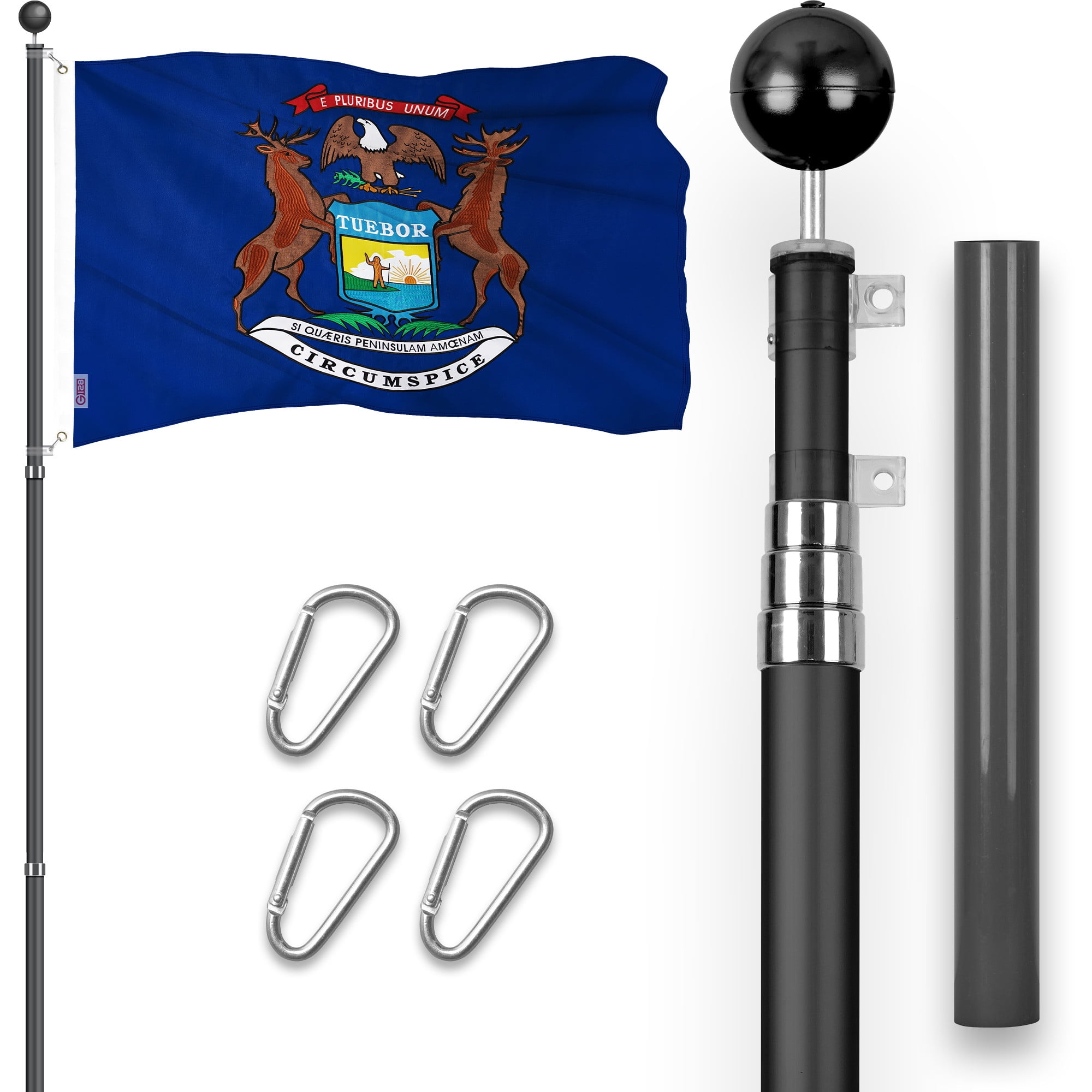 G128 Combo Pack: 16 Ft Telescoping Aluminum Flagpole (Black) & Michigan ...