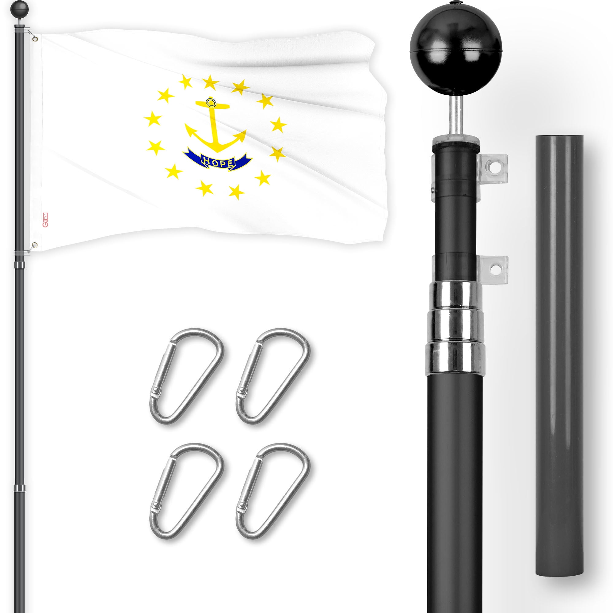 G128 Combo Pack: 16 Ft Telescoping Aluminum Flagpole (Black) & Rhode ...