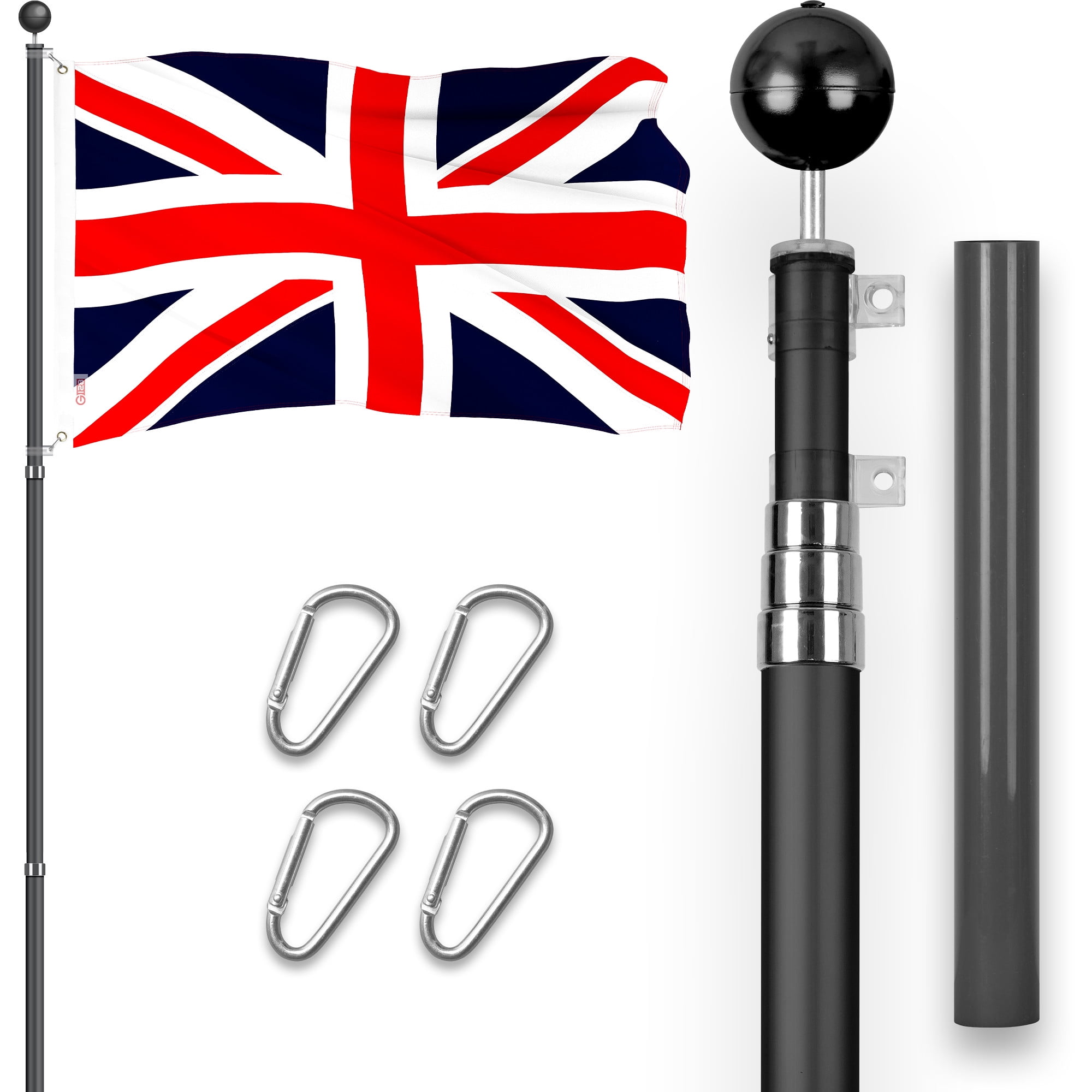 G128 Combo Pack: 16 Ft Telescoping Aluminum Flagpole (Black) & UK ...