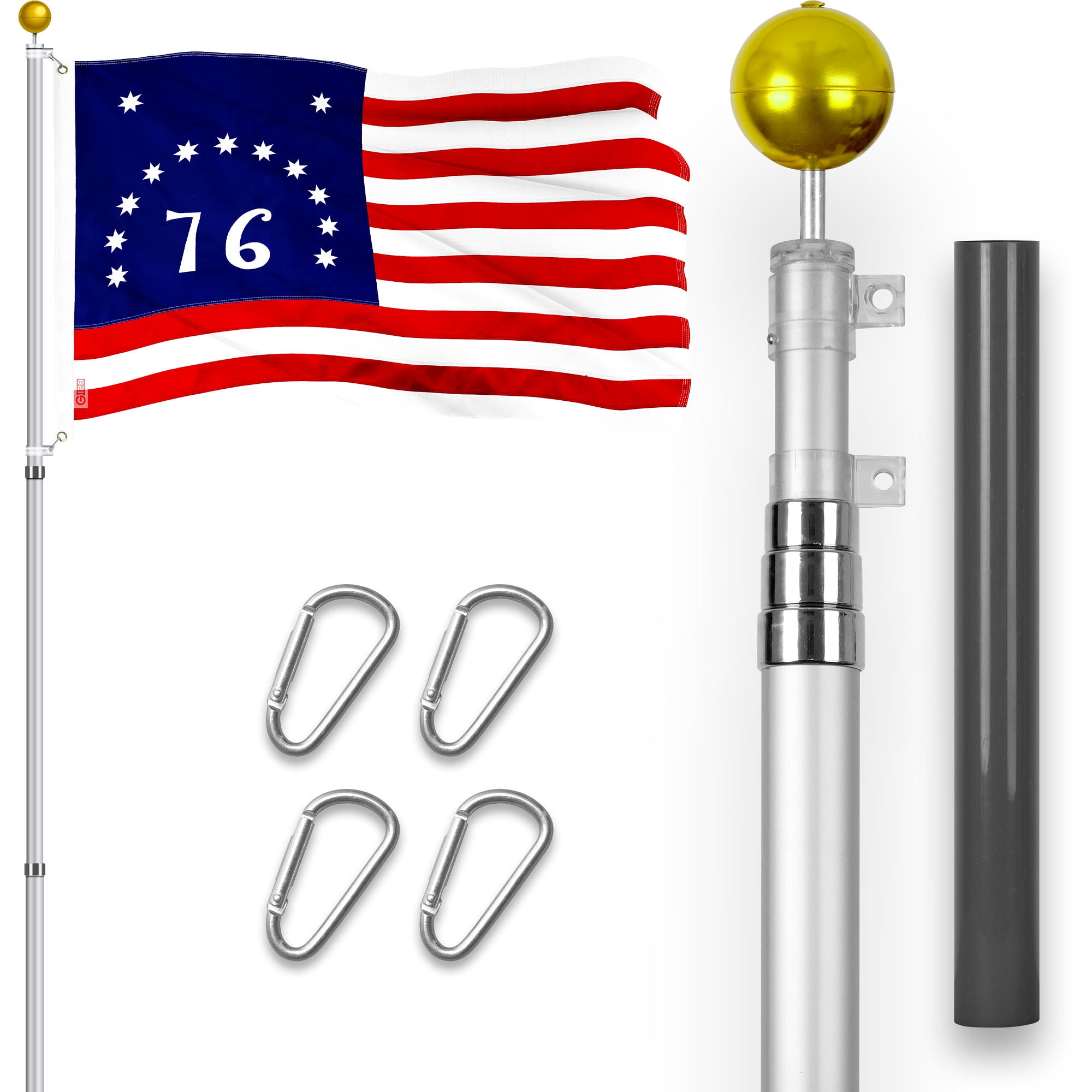 G128 Combo Pack: 16 Ft Telescoping Aluminum Flagpole (Silver ...