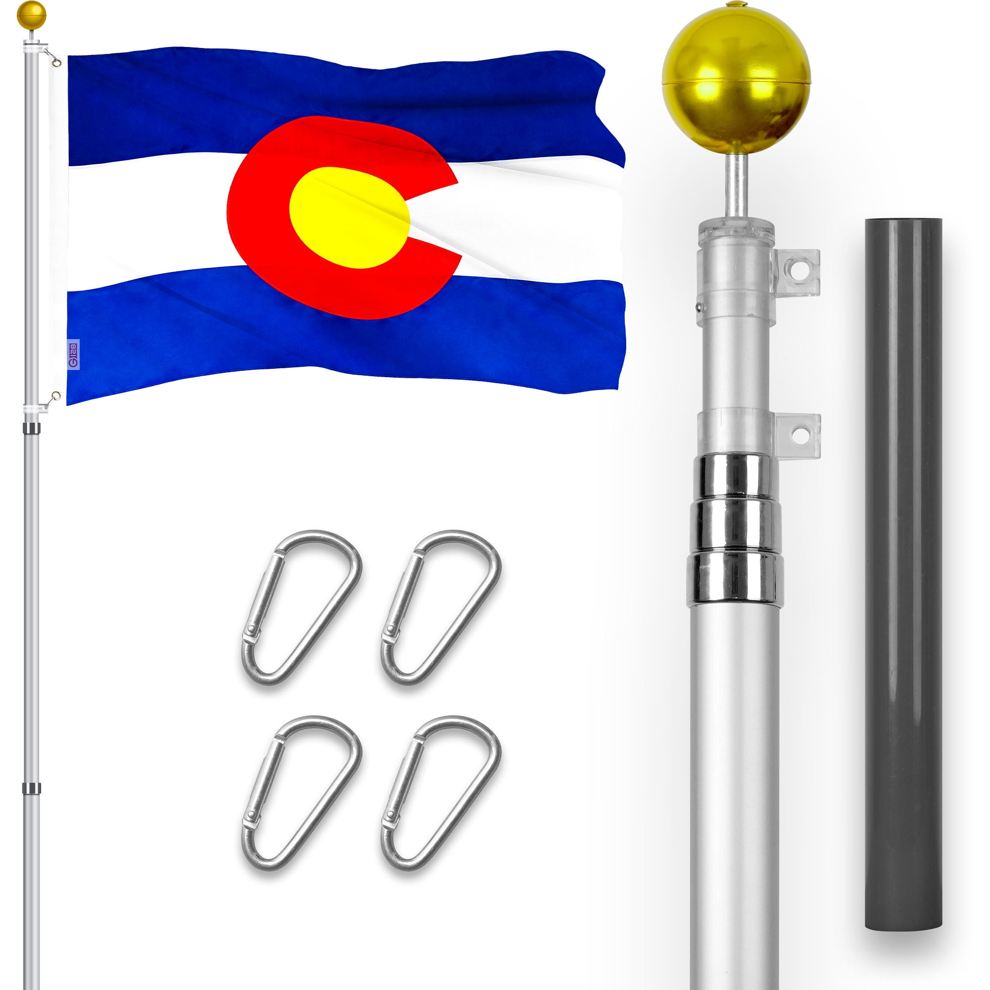 G128 Combo Pack: 16 Ft Telescoping Aluminum Flagpole (Silver ...
