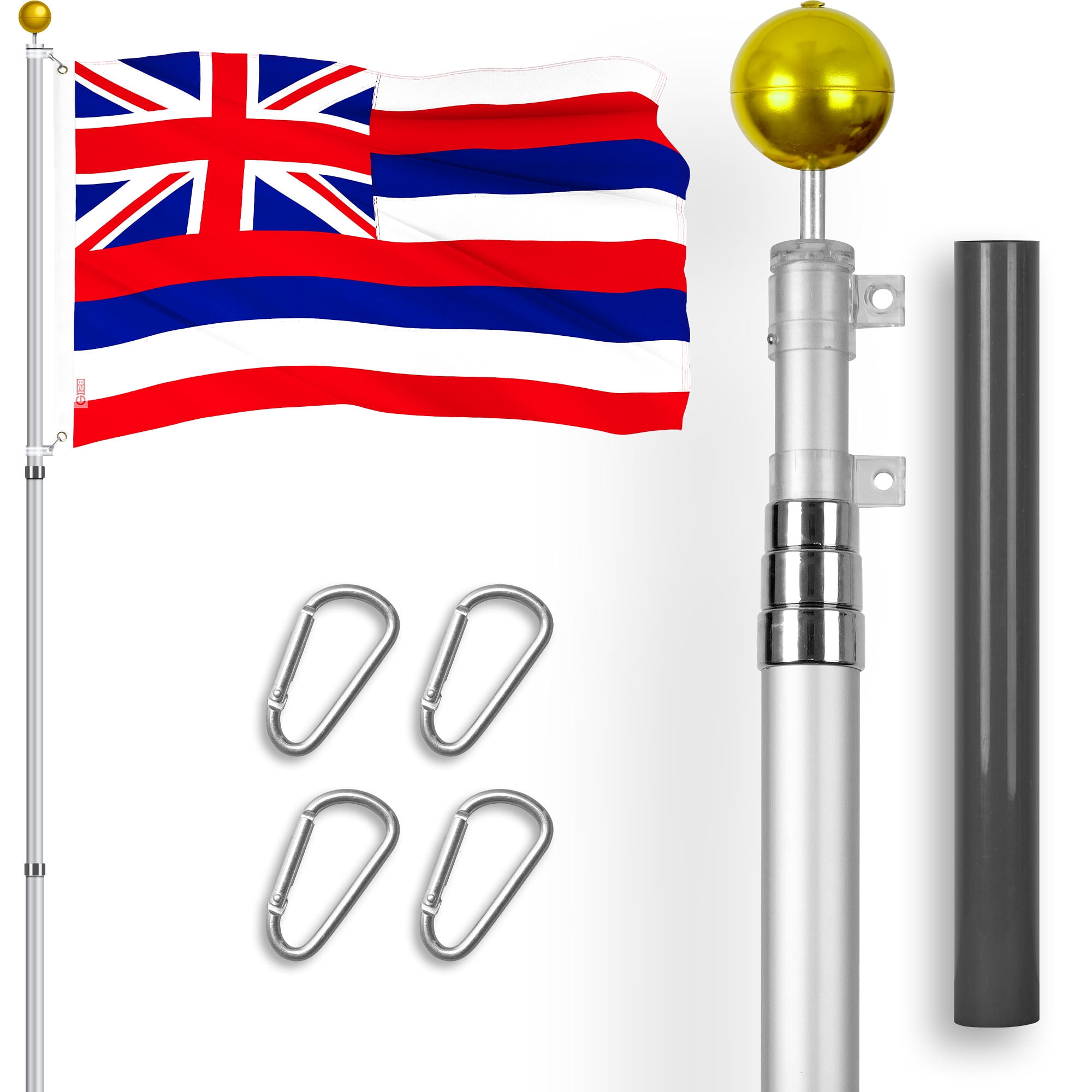 G128 Combo Pack: 16 Ft Telescoping Aluminum Flagpole (Silver) & Hawaii ...