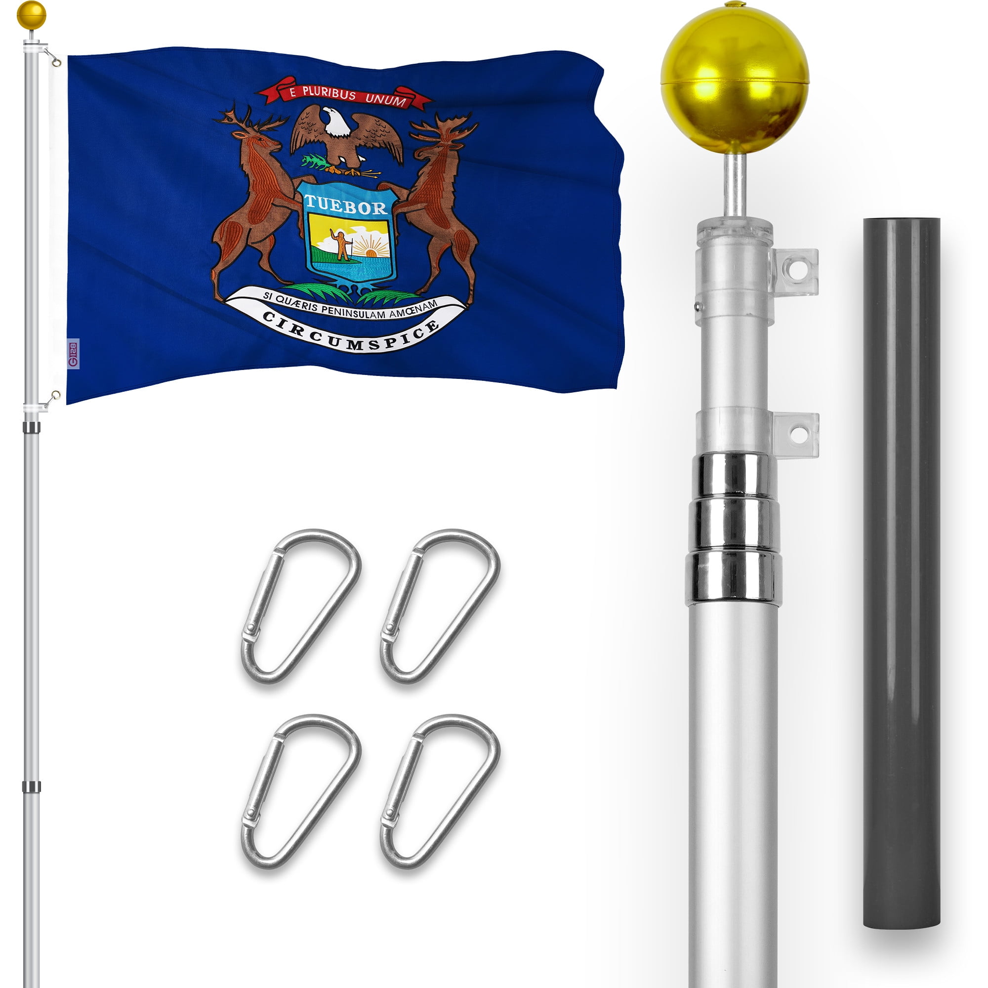 G128 Combo Pack: 16 Ft Telescoping Aluminum Flagpole (Silver ...