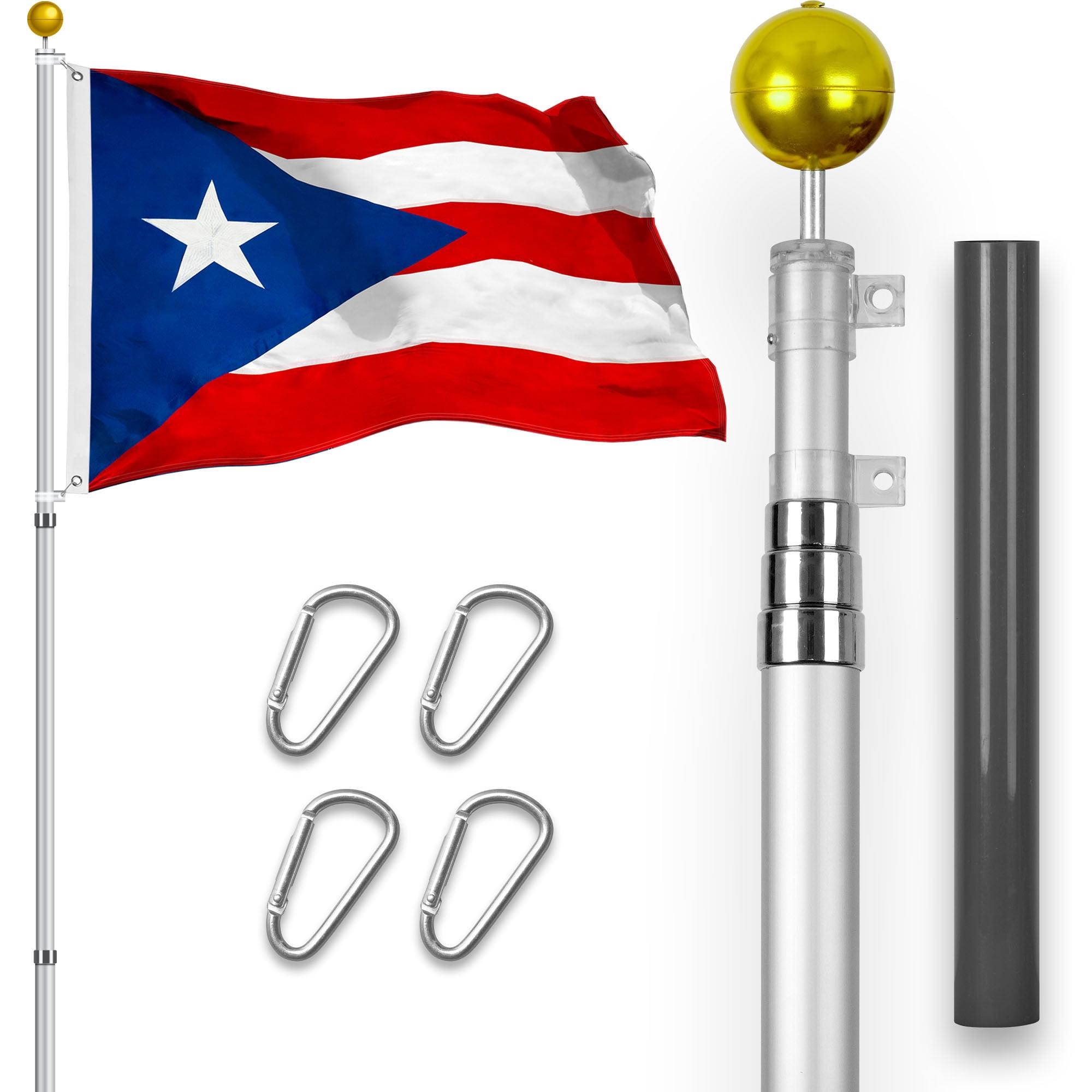 G128 Combo Pack: 16 Ft Telescoping Aluminum Flagpole (Silver) & Puerto ...
