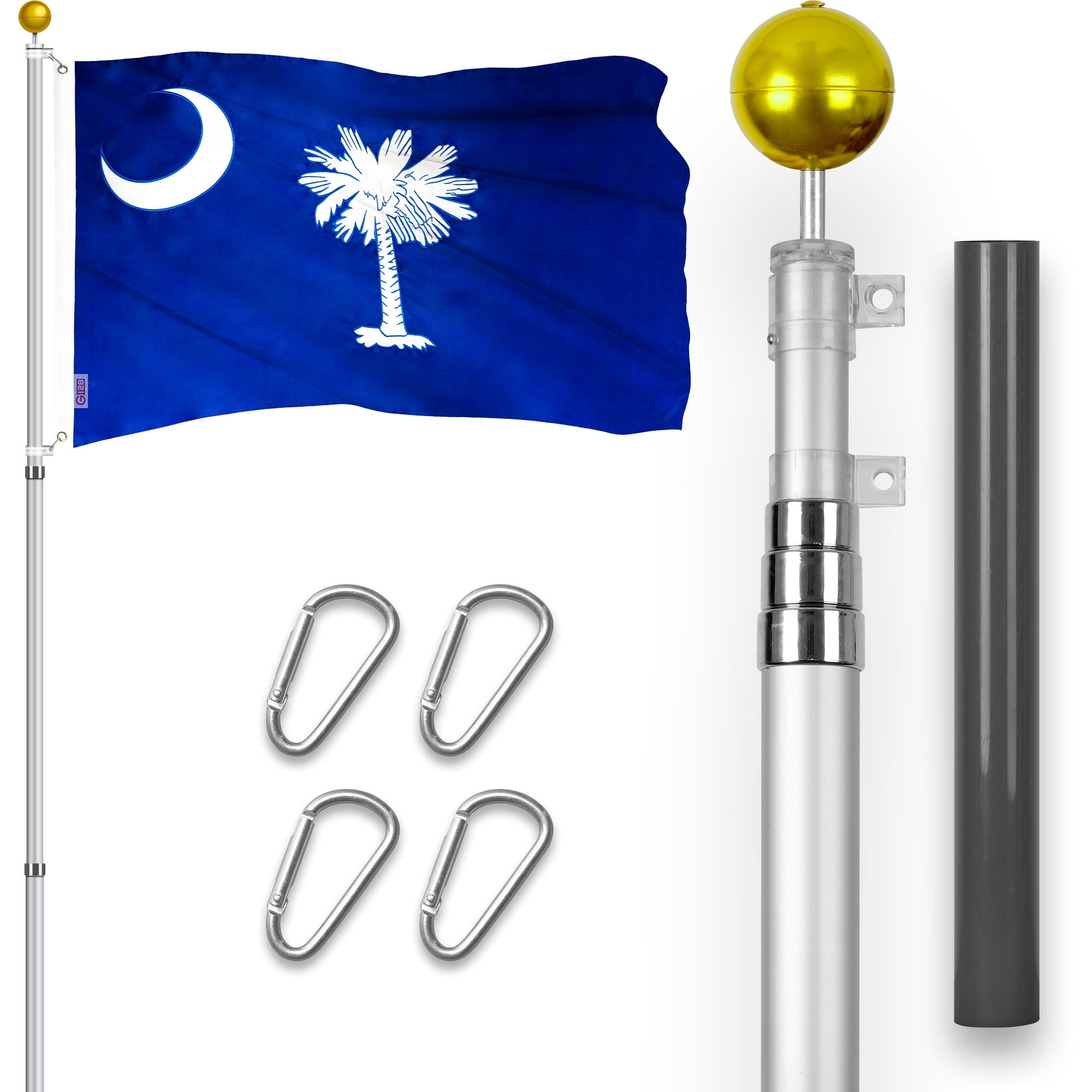 G128 Combo Pack: 16 Ft Telescoping Aluminum Flagpole (Silver) & South ...