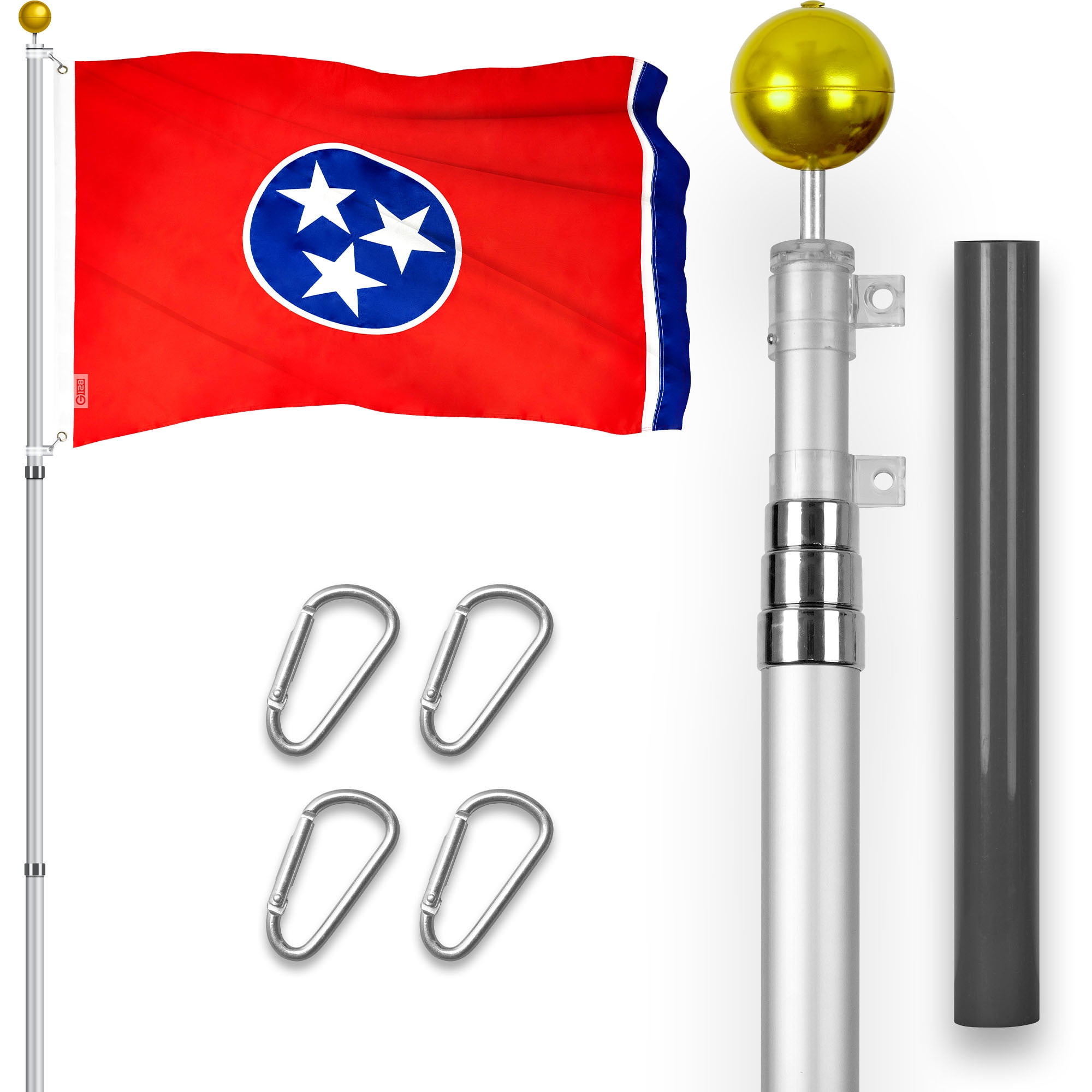 G128 Combo Pack: 16 Ft Telescoping Aluminum Flagpole (Silver ...