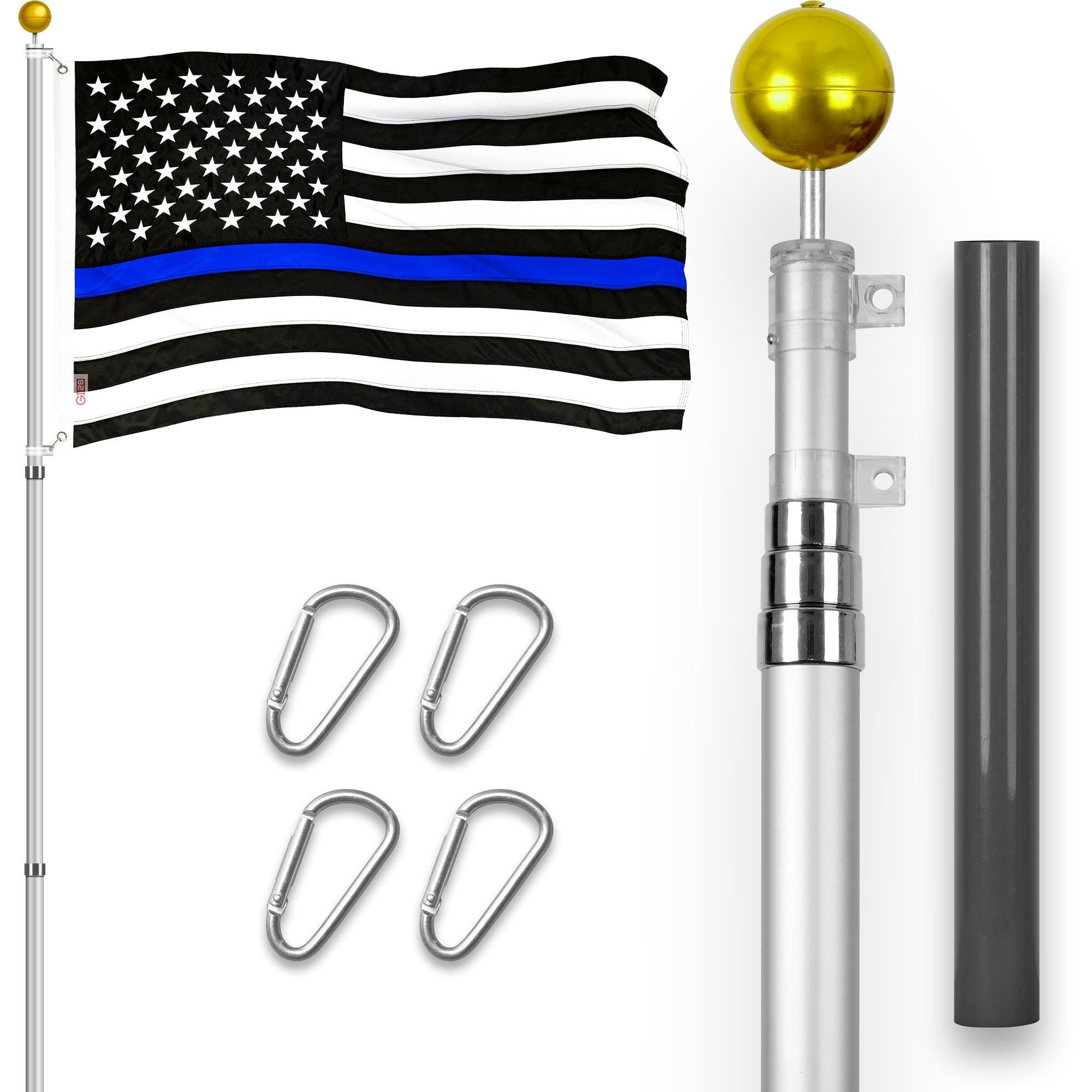 G128 Combo Pack: 16 Ft Telescoping Aluminum Flagpole (Silver) & Thin ...
