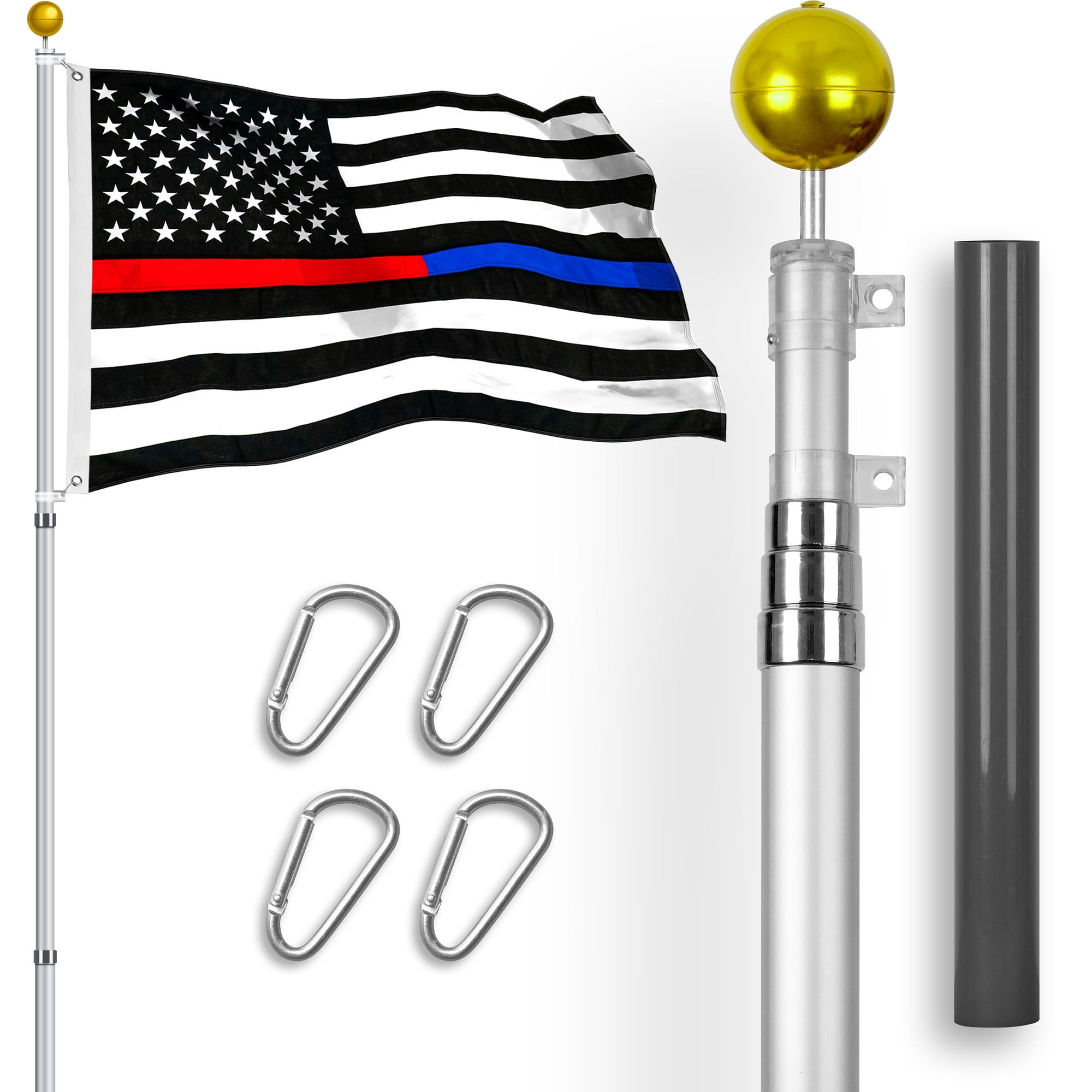 G128 Combo Pack: 16 Ft Telescoping Aluminum Flagpole (Silver) & Thin ...