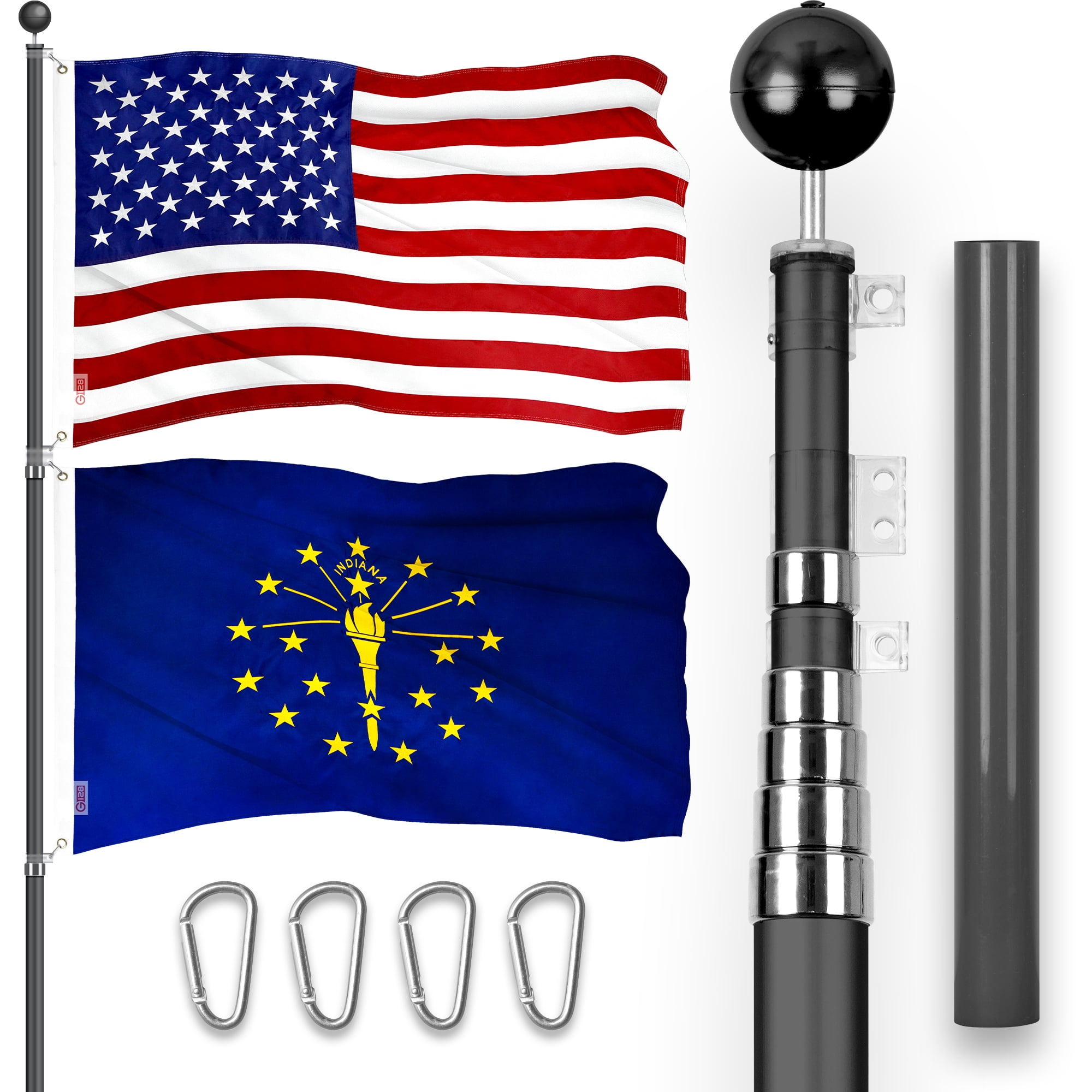 G128 Combo Pack: 20 Ft Telescoping Aluminum Flagpole (Black) & American and Indiana Flags 3x5 Ft ...