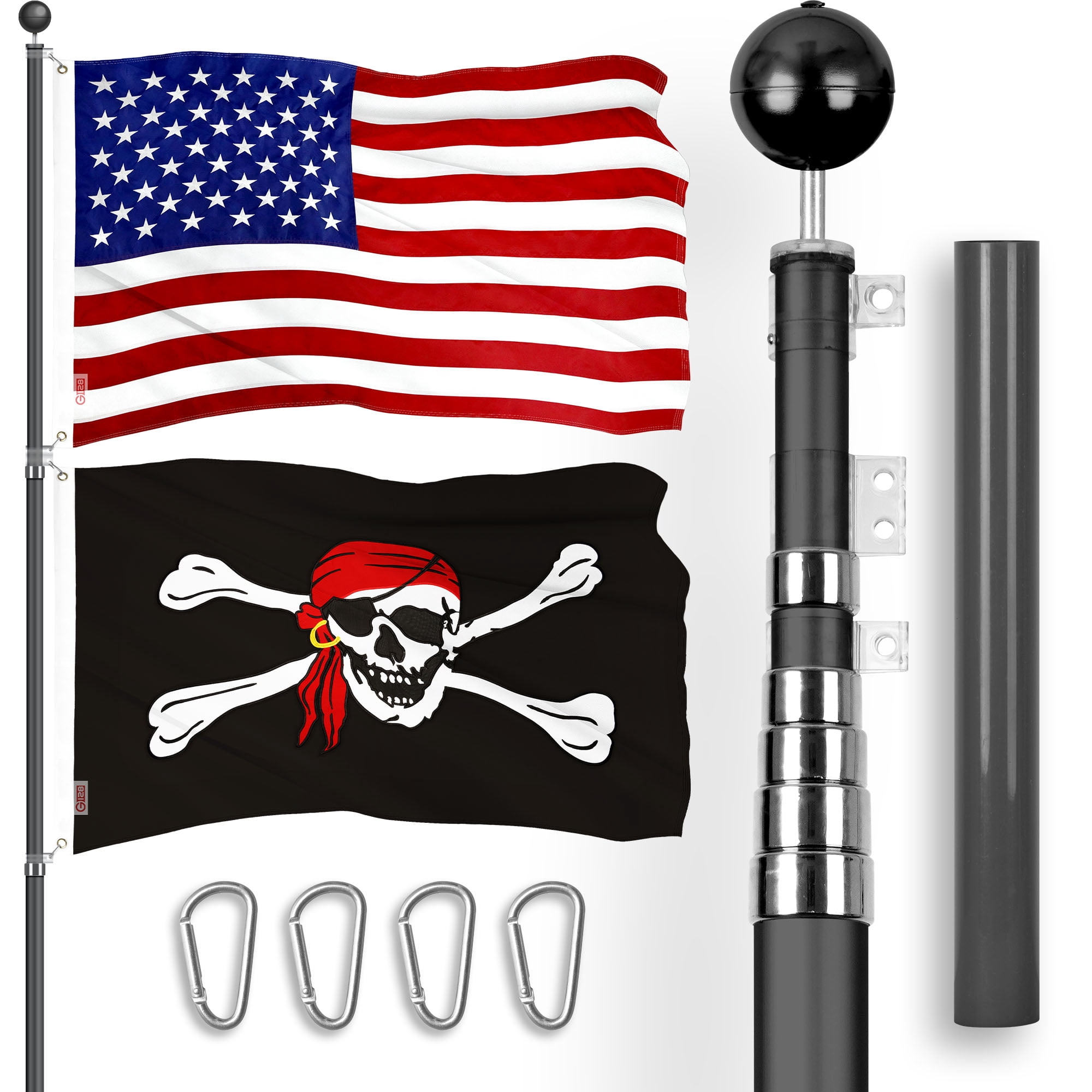 G128 Combo Pack: 20 Ft Telescoping Aluminum Flagpole (Black) & American ...