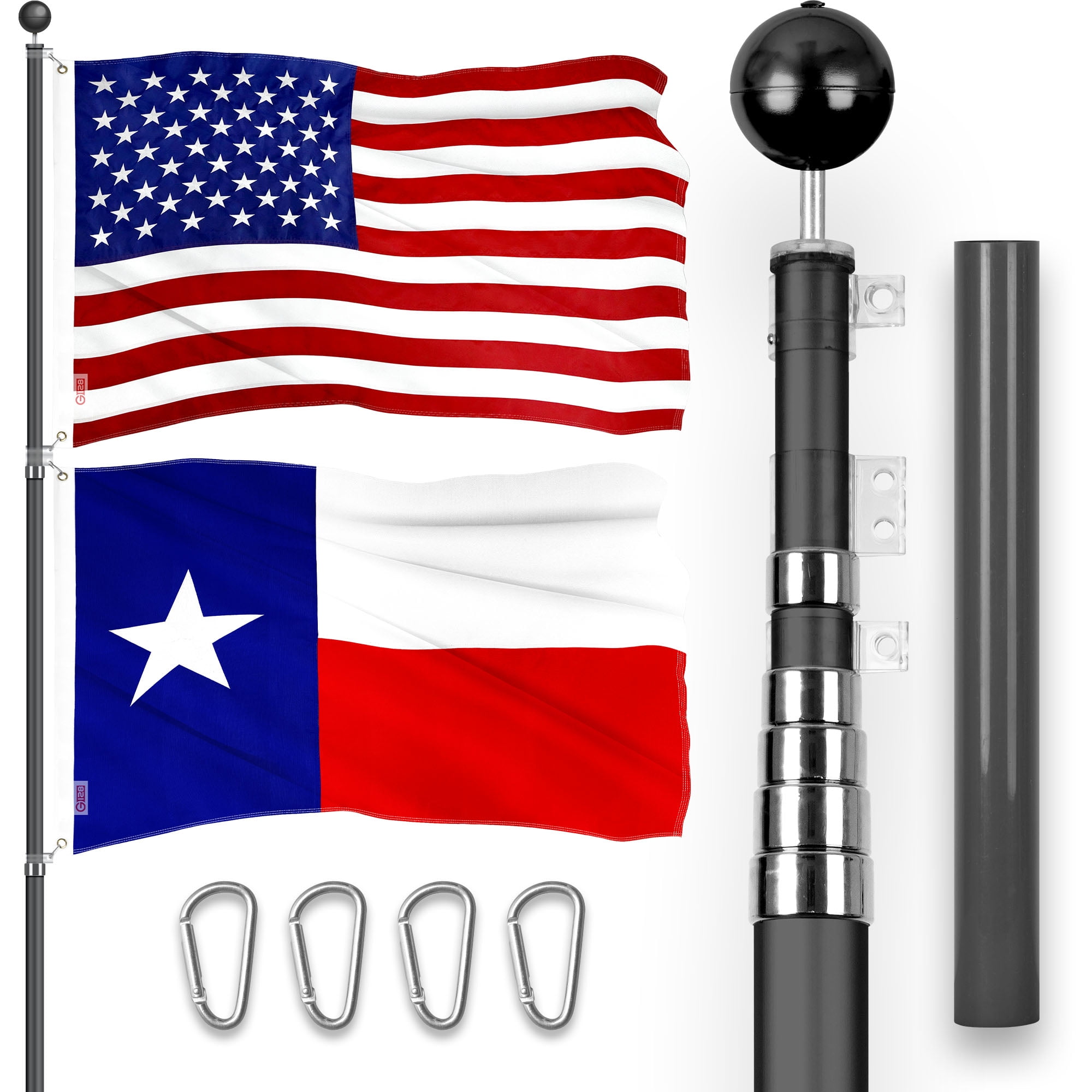 G128 Combo Pack: 20 Ft Telescoping Aluminum Flagpole (Black) & American ...