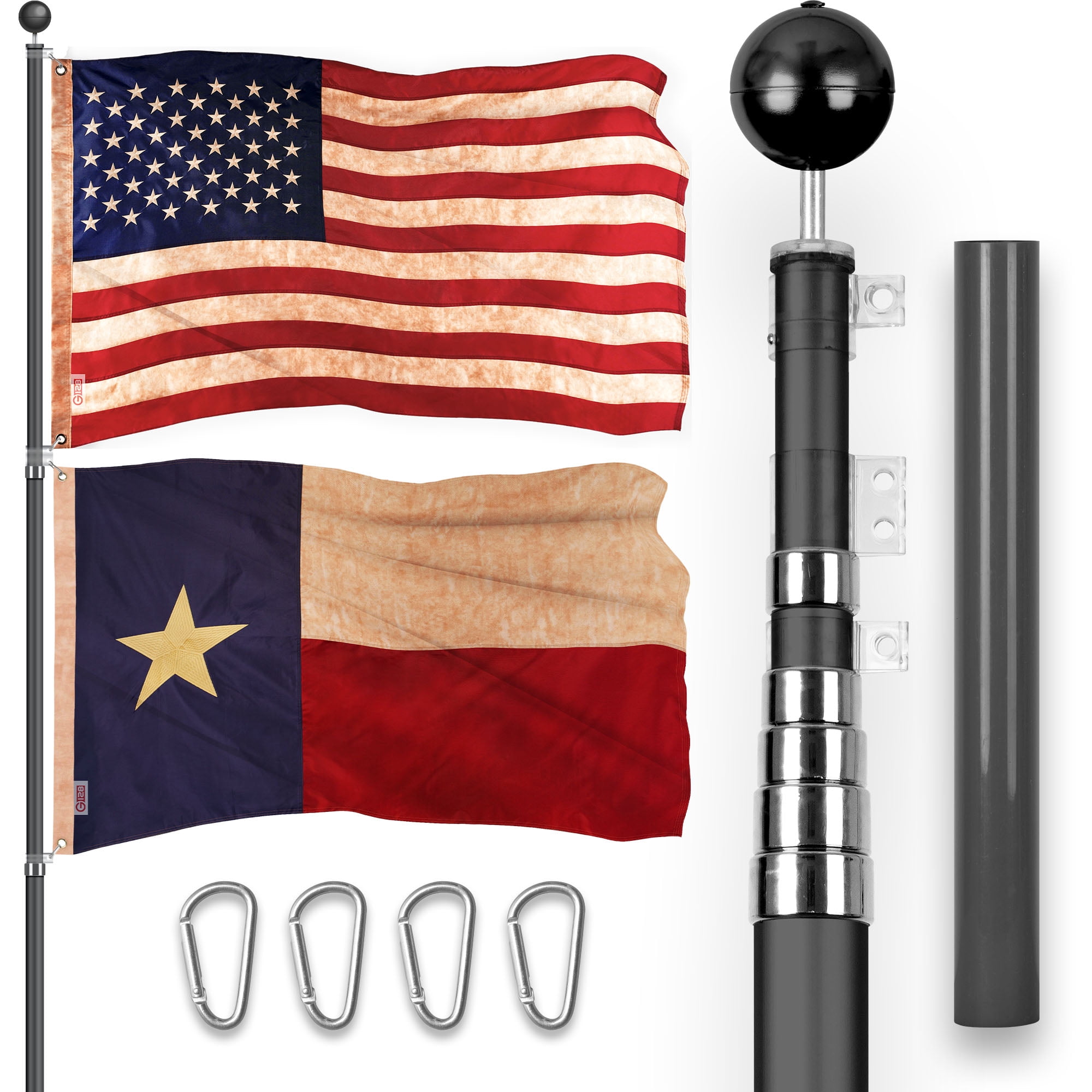 G128 Combo Pack: 20 Ft Telescoping Aluminum Flagpole (Black) & American ...