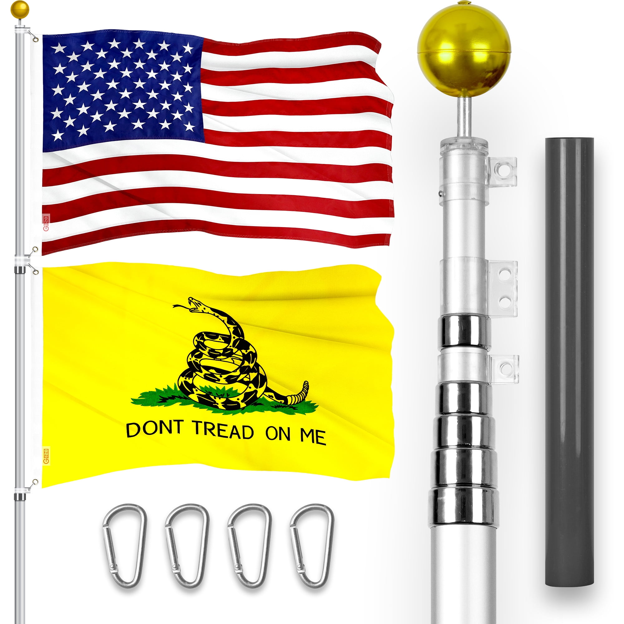 G128 Combo Pack: 20 Ft Telescoping Aluminum Flagpole (Silver ...