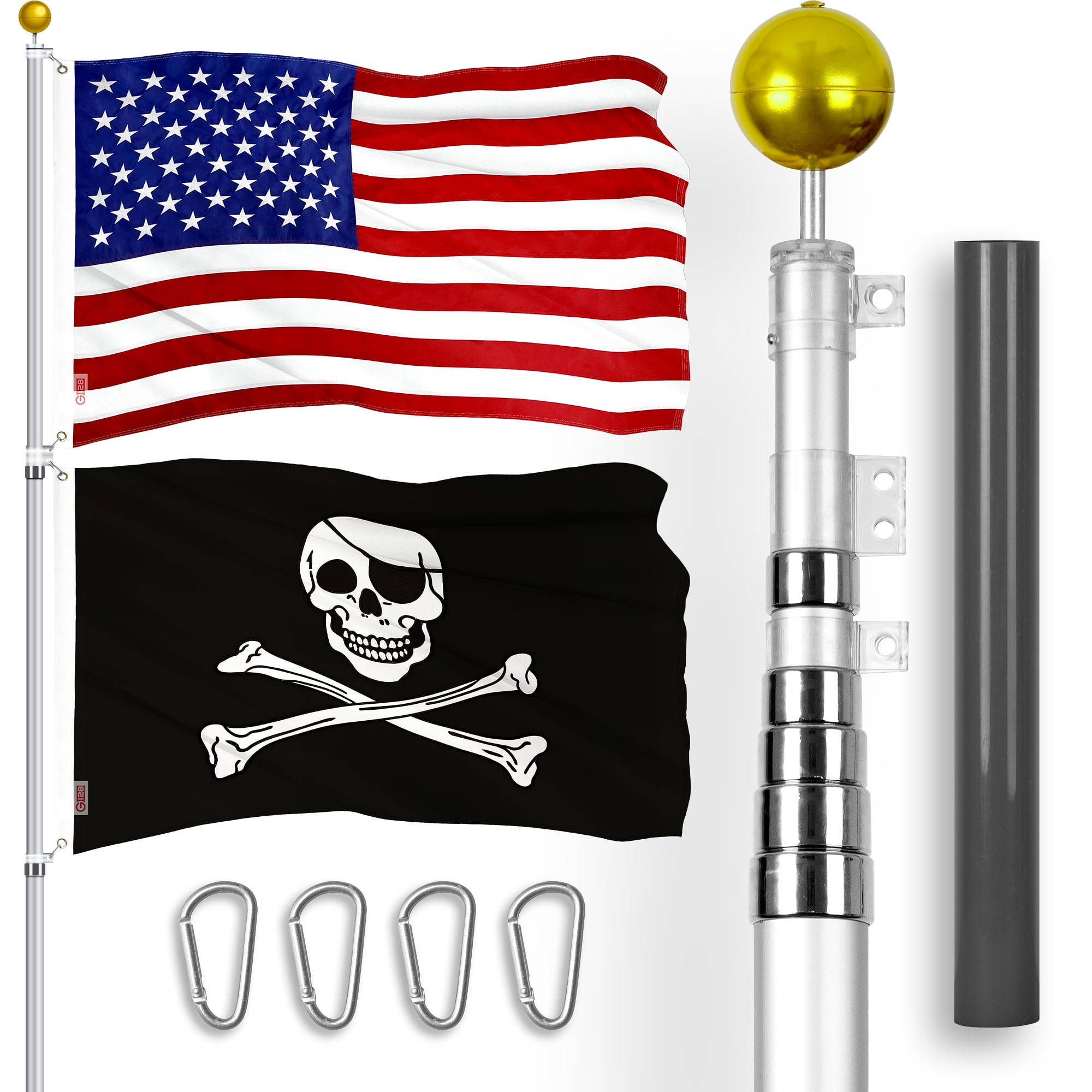 G128 Combo Pack: 20 Ft Telescoping Aluminum Flagpole (Silver ...