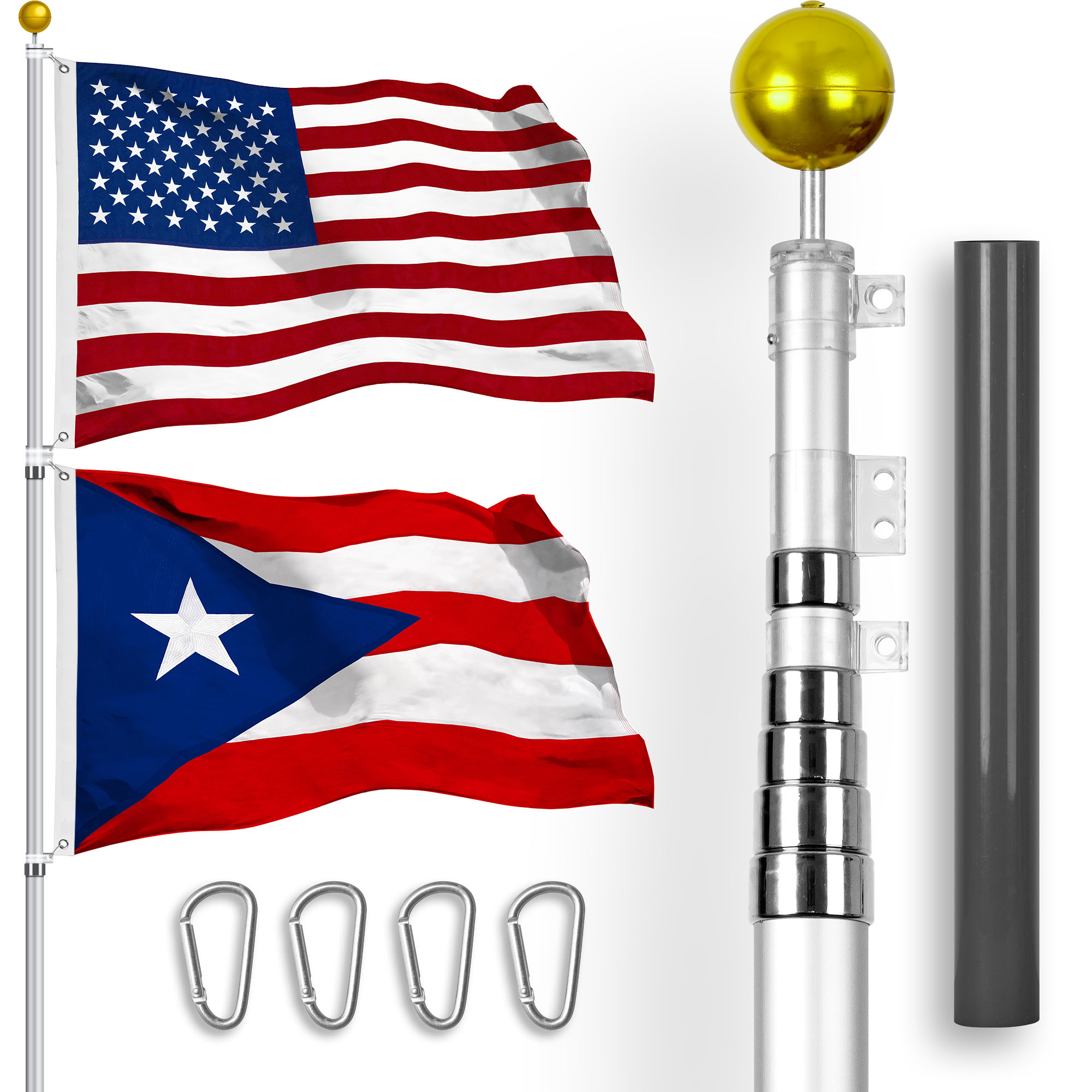 G128 Combo Pack: 20 Ft Telescoping Aluminum Flagpole (Silver ...