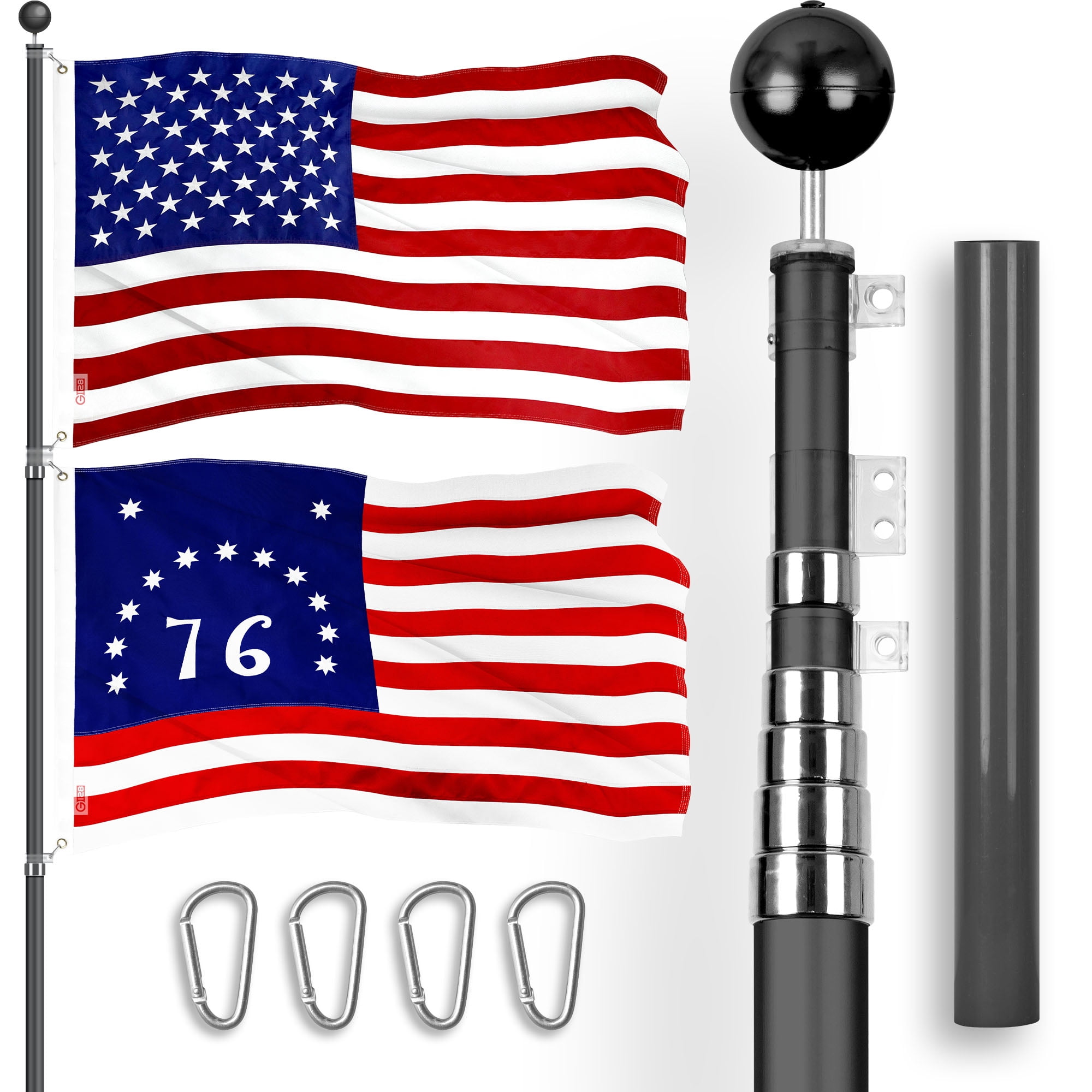G128 Combo Pack: 25 Ft Telescoping Aluminum Flagpole (Black) & American ...