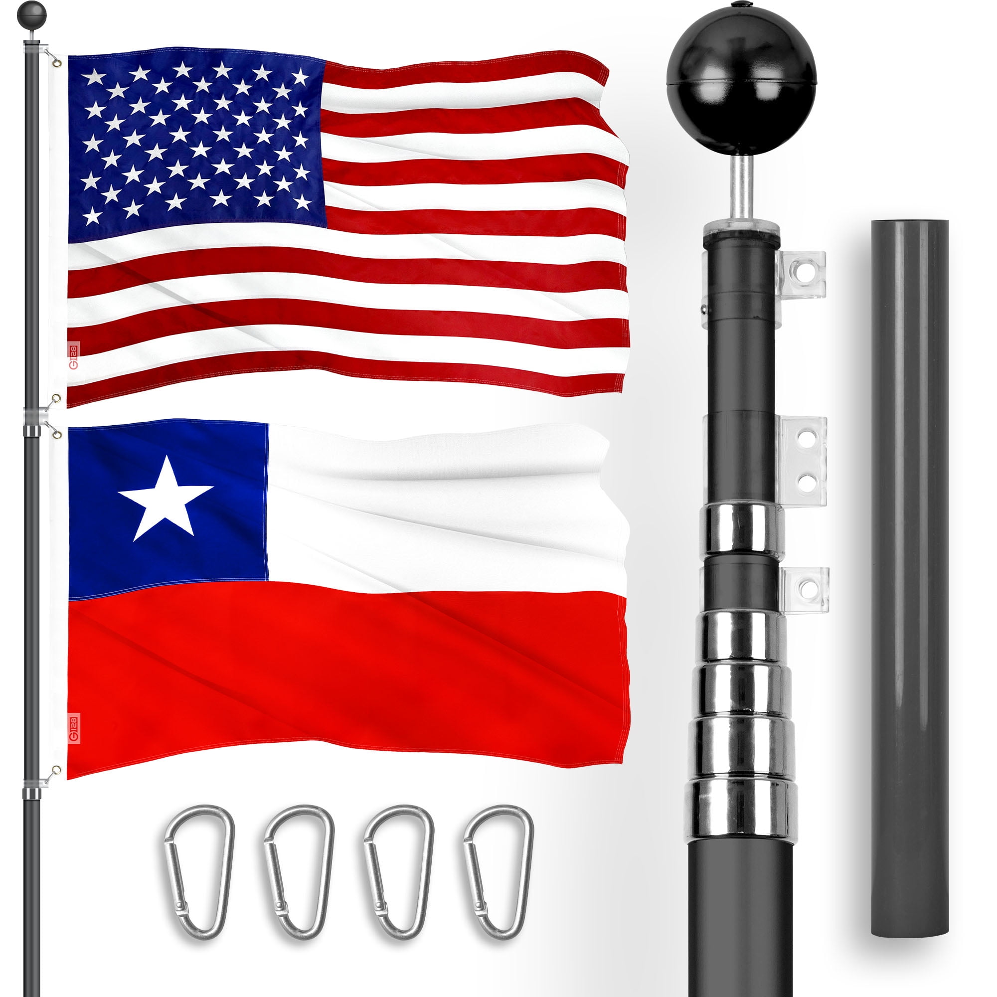 G128 Combo Pack: 25 Ft Telescoping Aluminum Flagpole (Black) & American and Chile Flags 3x5 Ft ...