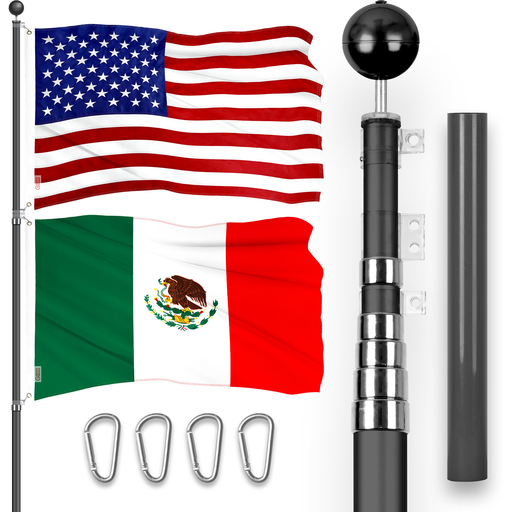 G128 Combo Pack: 25 Ft Telescoping Aluminum Flagpole (Black) & American ...